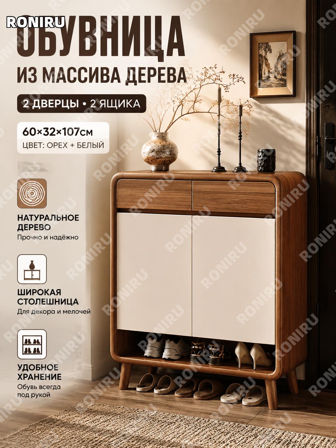 Обувница шкаф для обуви 60×32×107 см, 2 двери 2 ящика, ореховый и белый, с цельной деревянной основой, прихожая