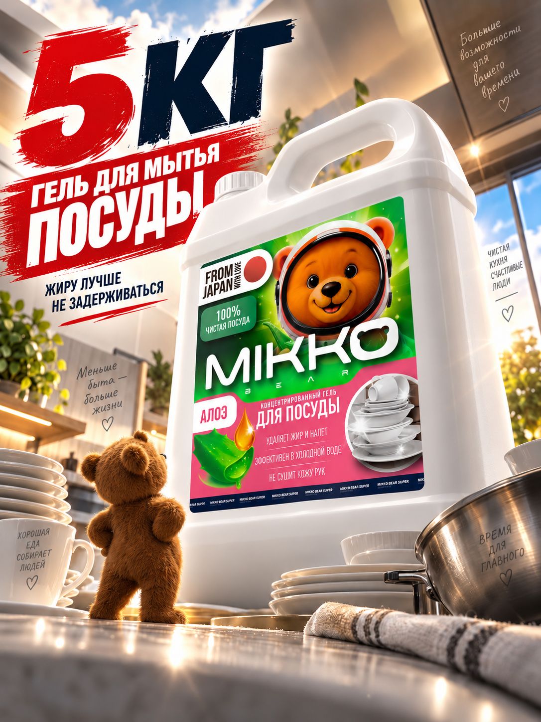 Моющее средство для мытья посуды , гипоаллергенный эко гель для мытья посуды, MIKKO BEAR Алоэ, 5 литров