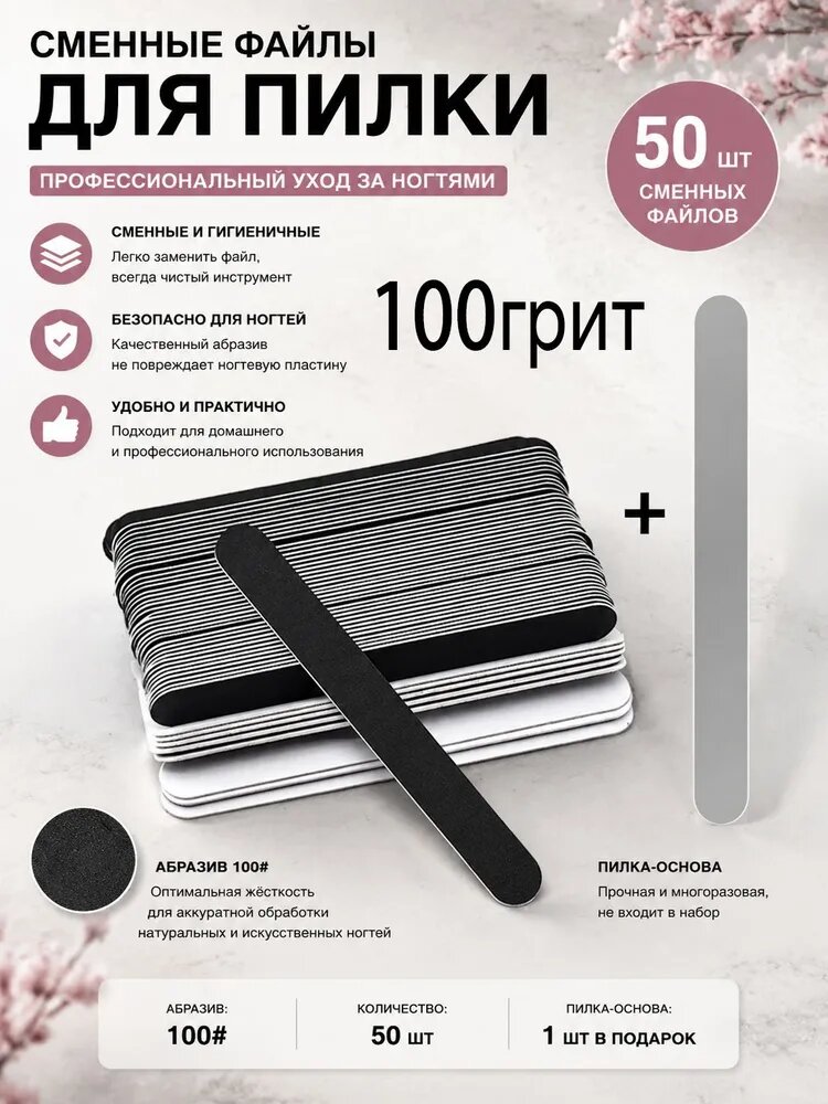 Металлическая пилка-основа со сменными файлами Nail-Cosmetic Длинная прямая профессиональная пилочка для ногтей 10/20/50шт