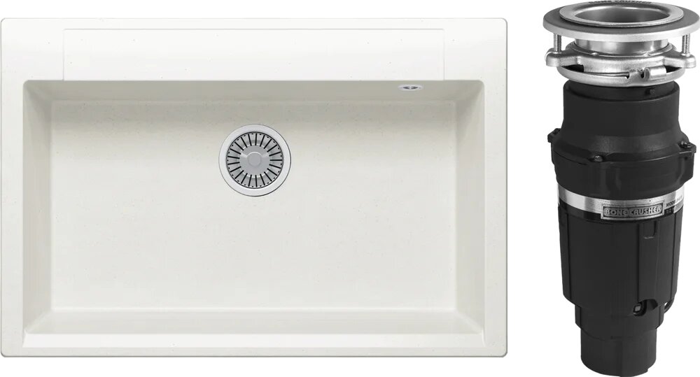 Комплект Мойка Polygran Argo 760 76x51, белая хлопок, искусственный гранит / Измельчитель Bone Crusher BC 610-AS электрический, нержавеющая сталь