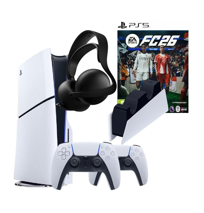 Игровая приставка Sony PlayStation 5 Slim Disk + 2й геймпад белый + игра FC26 + станция зарядки + гарнитура PULSE Elite черный