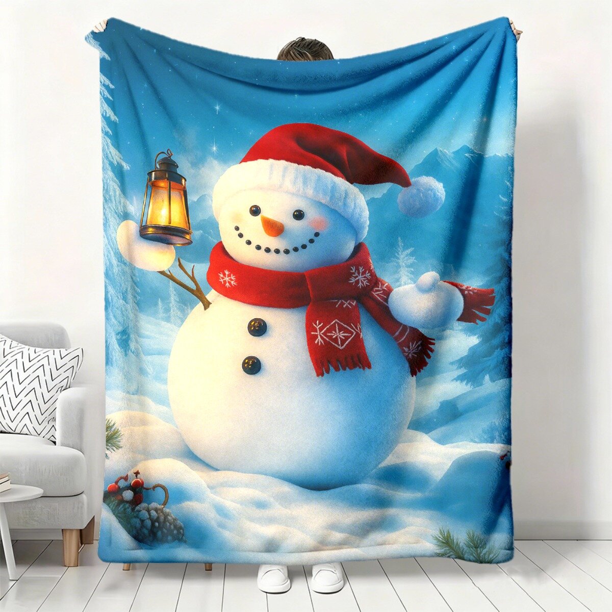 Фланелевый плед с принтом мультяшного снеговика с фонарём, 150x130 см, 1 шт, полиэстер, для дивана, кровати, автомобиля, офиса, кемпинга и путешествий, подарок на все сезоны.