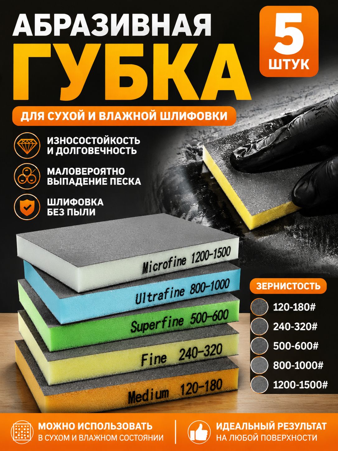 Комплект абразивных губок: двухсторонние шлифовальные губки, 5 градаций, 5 шт.