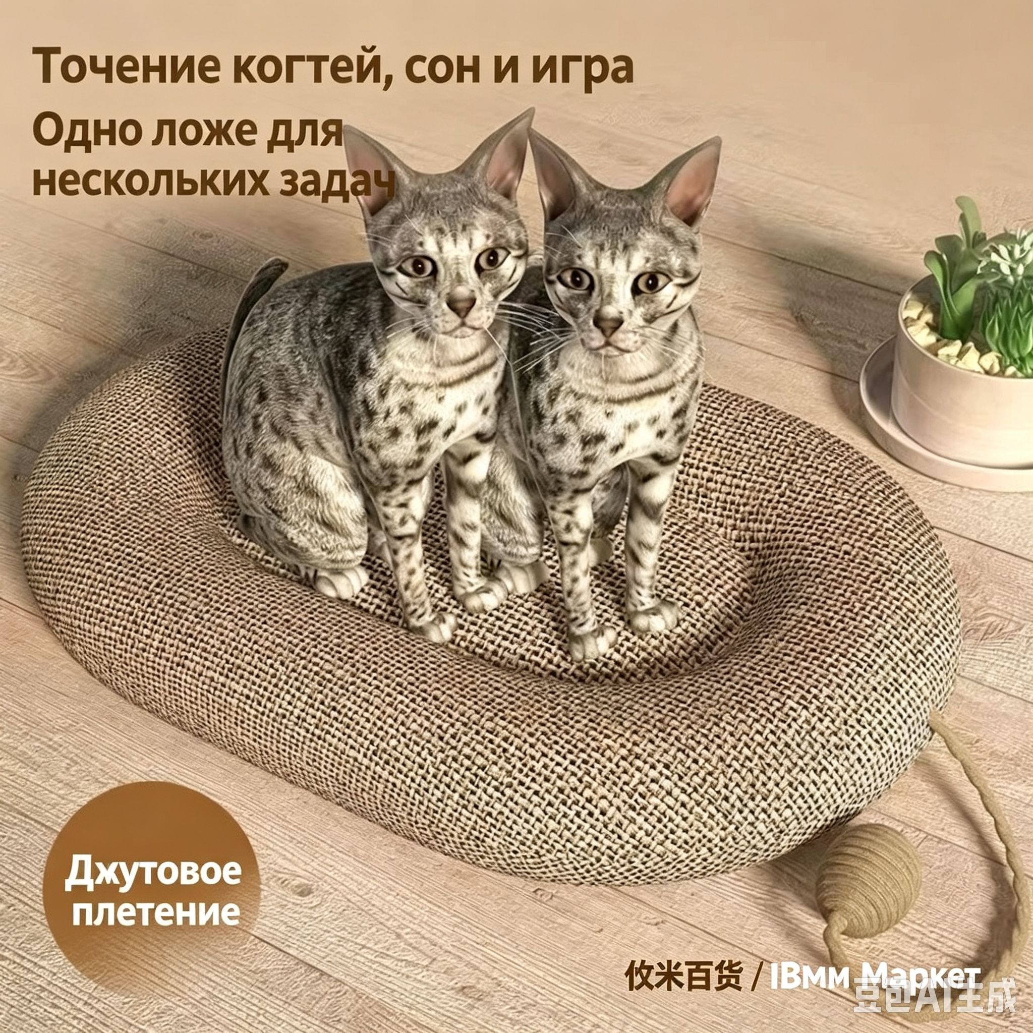 Эксклюзивный домик для кошек 3в1 с лежанкой и когтеточкой из натурального сизаля и джута