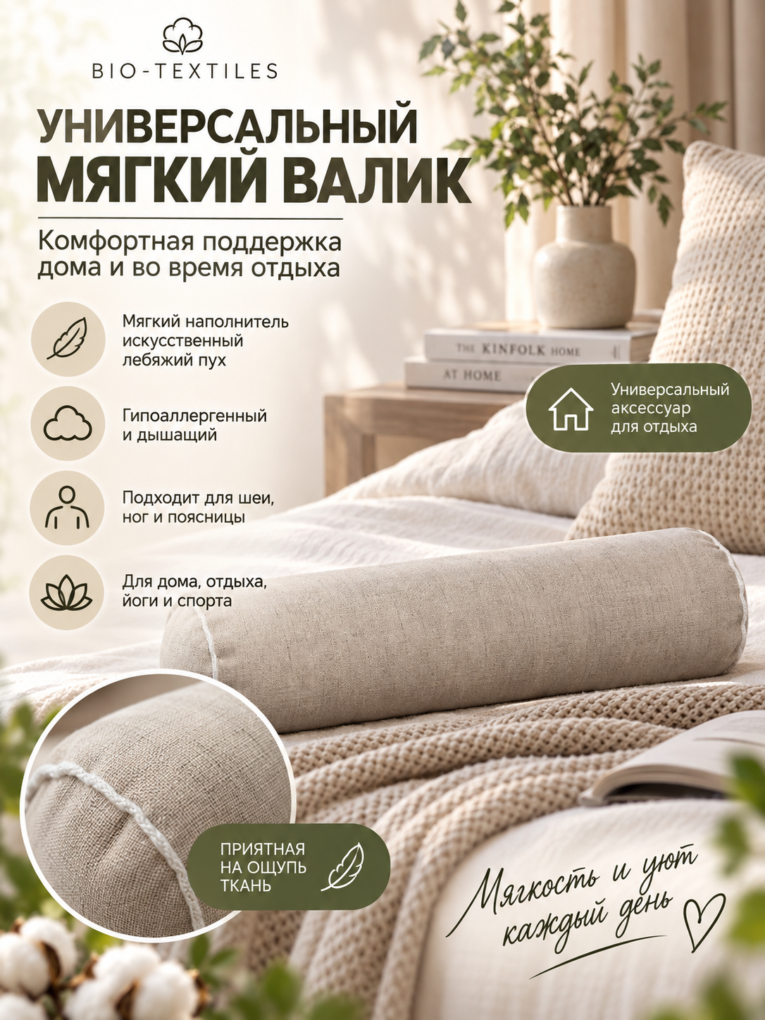 Ортопедическая подушка-валик BIO-TEXTILES 40×10, бежевый, холлофайбер, лён/хлопок, гипоаллергенная, массажный эффект