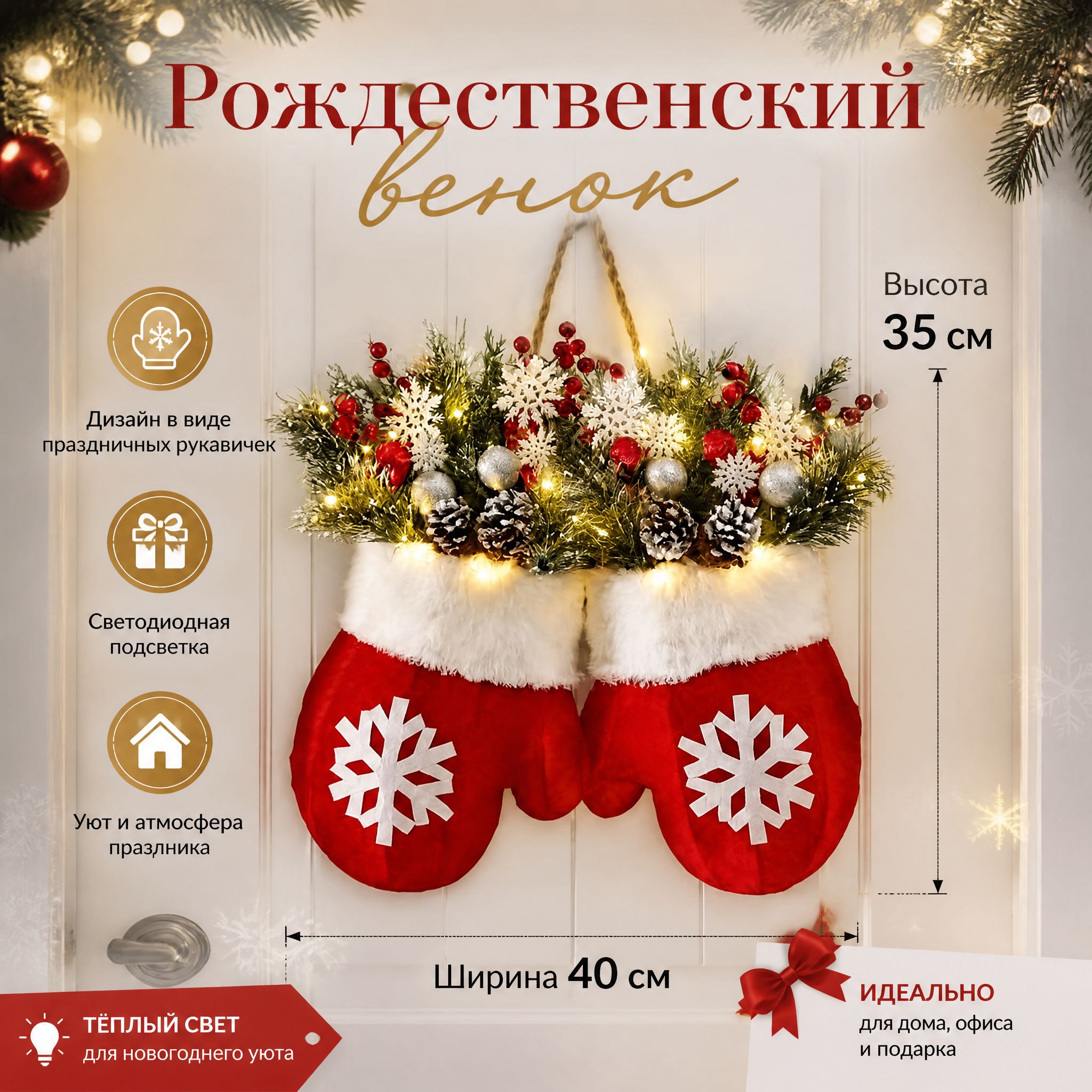 Рождественский венок в виде рукавичек 40×35 см, с LED подсветкой, шишками и снежинками для двери