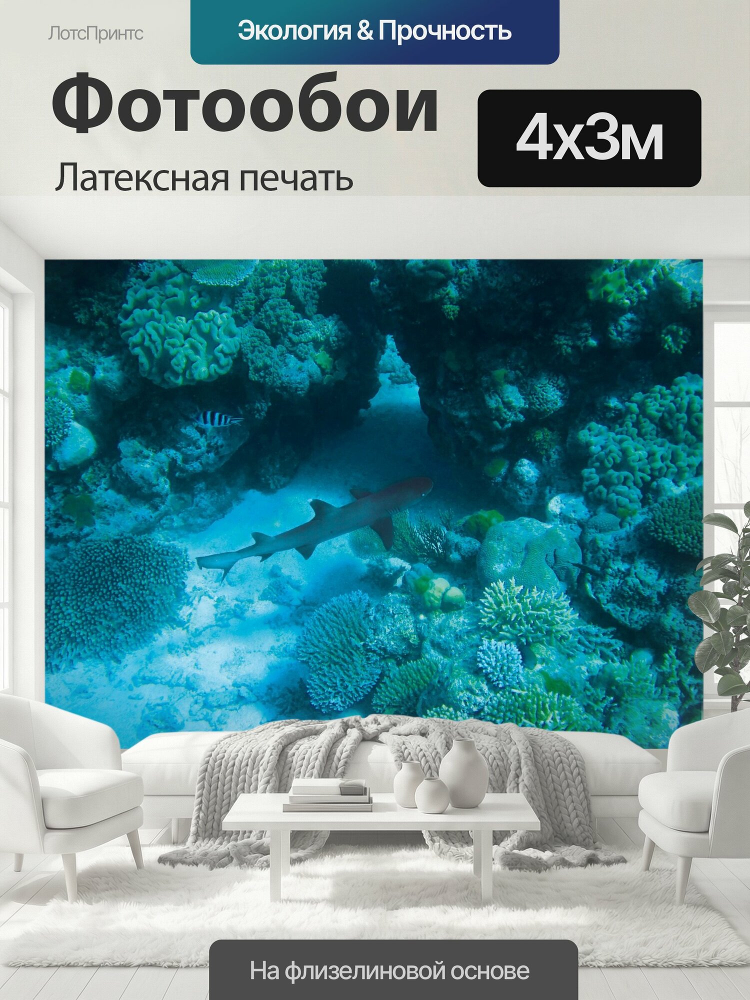 Фотообои моющиеся ударопрочные "Акула, подводный, нырять" 400x300 см. латексная печать