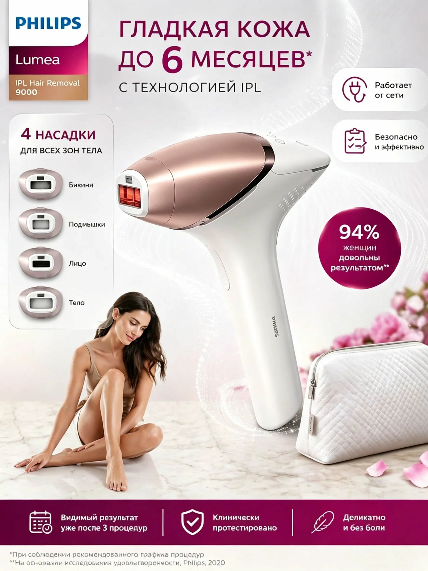 Фотоэпилятор philipsLumea 9000 IPL BRI958 Лучший домашний эпилятор с технологией IPL для длительной гладкости кожи
