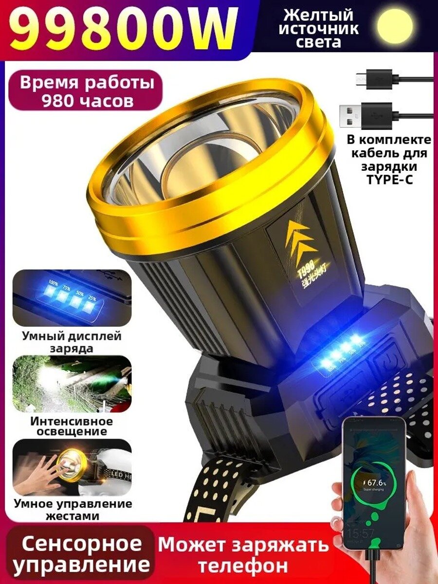 Налобный фонарь B408 с 4 светодиодами, 500 люмен, аккумулятор 18650, IP44, черно-белый