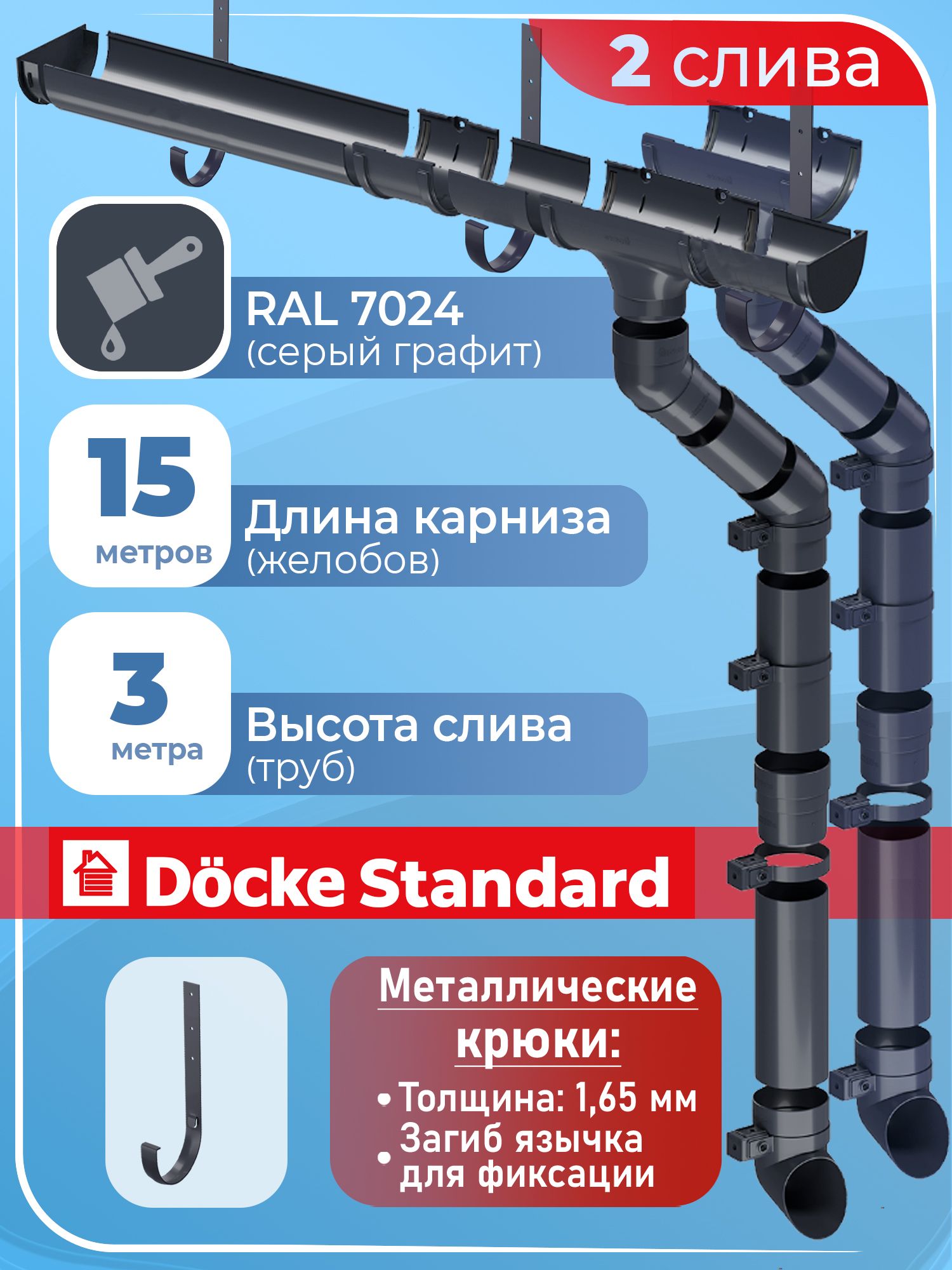 Водосток Деке Стандарт RAL 7024 (длина 15 м / высота 3 м) водосточная система для крыши ПВХ 120 / 80 мм (серый) комплект элементов с металлическими крюками для кровли Docke Standard пластик