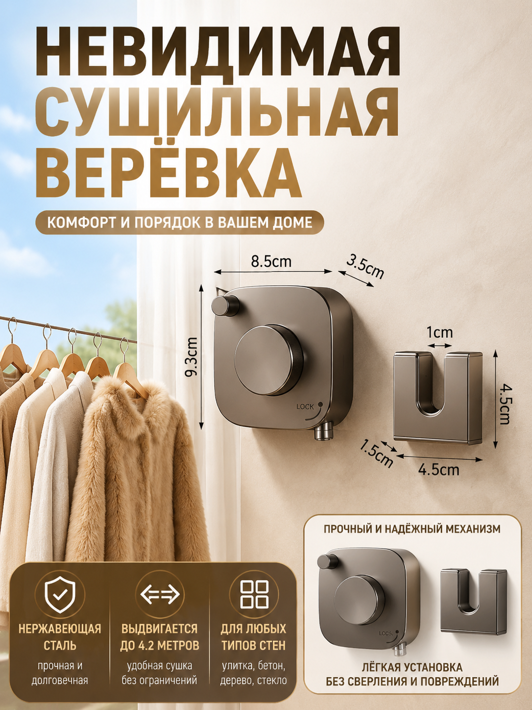 Независимая сушильная верёвка настенная, выдвижная конструкция для разных типов стен, прочный механизм для сушки одежды