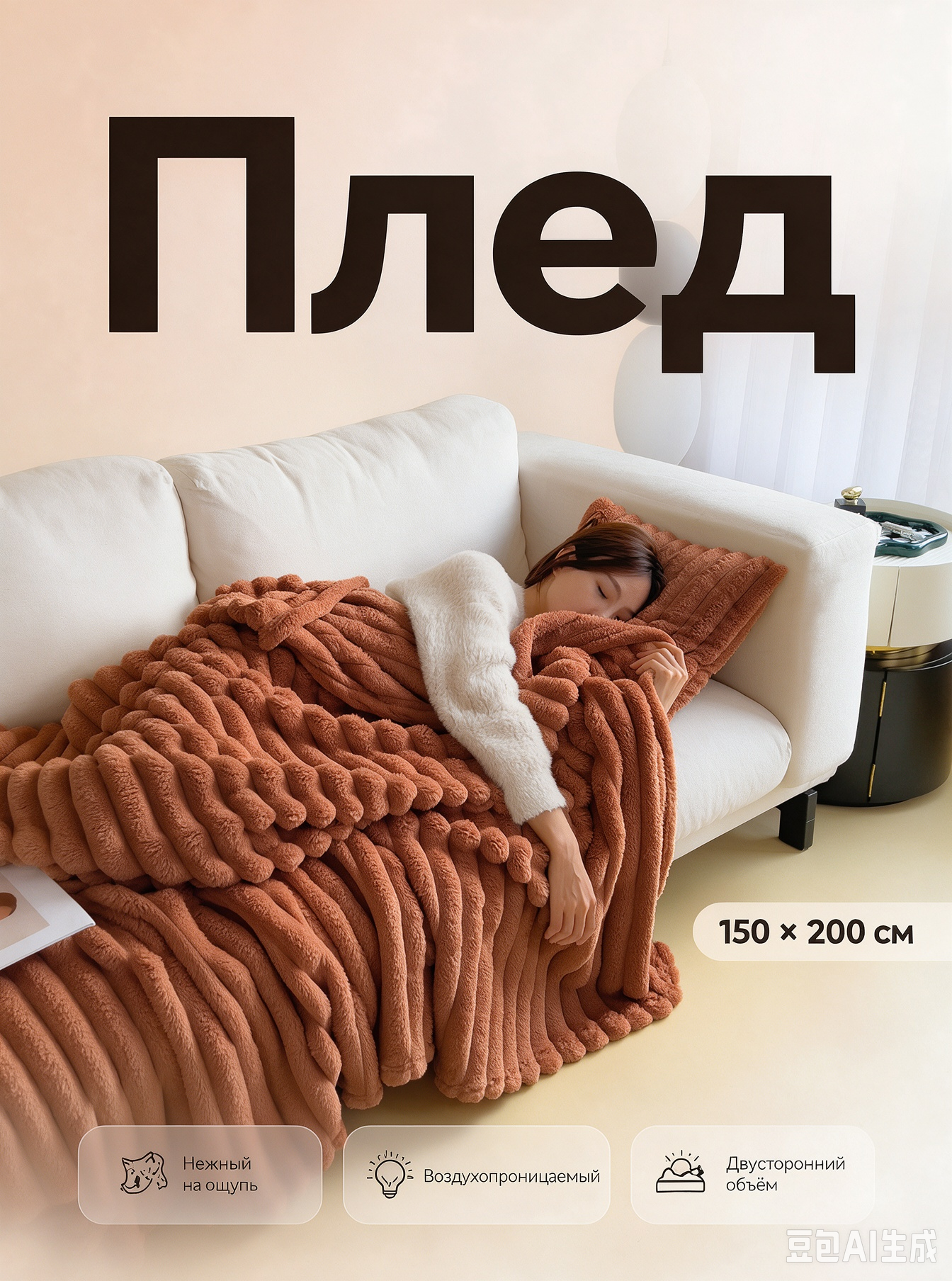 Плед 150 х 200 cm, пледы, коричневый, плед осенний, плед пушистый, плед теплый, 1 шт