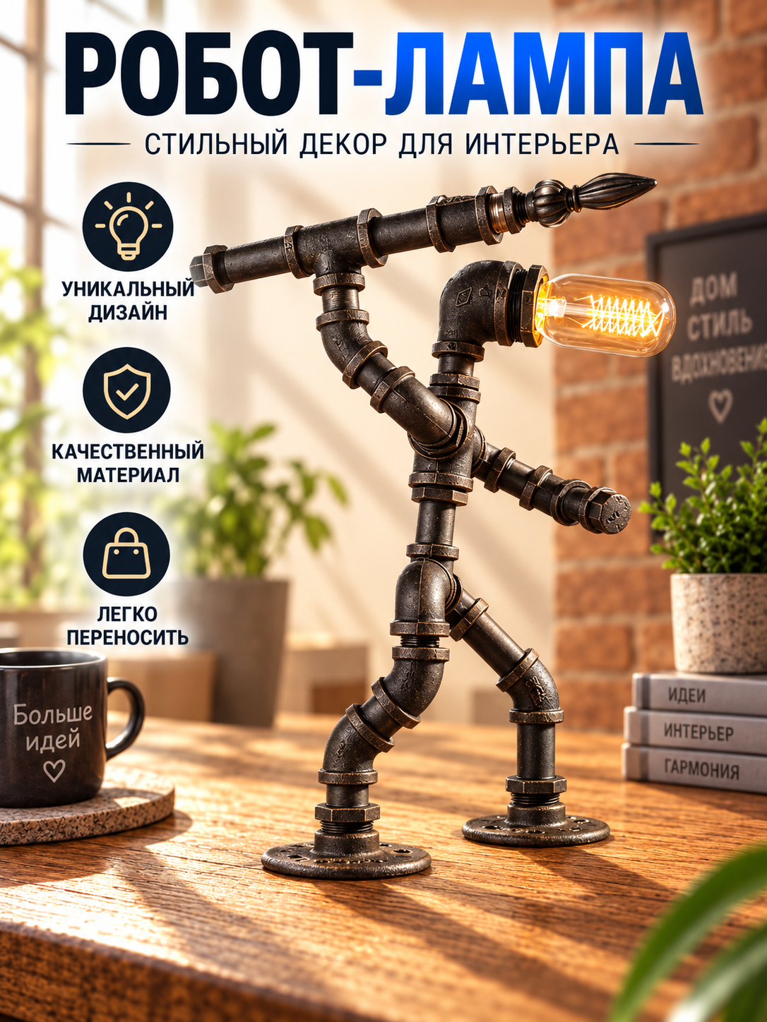Робот-лампа настольная из труб, стильный декоративный светильник, легко переносится, украшение для комнаты