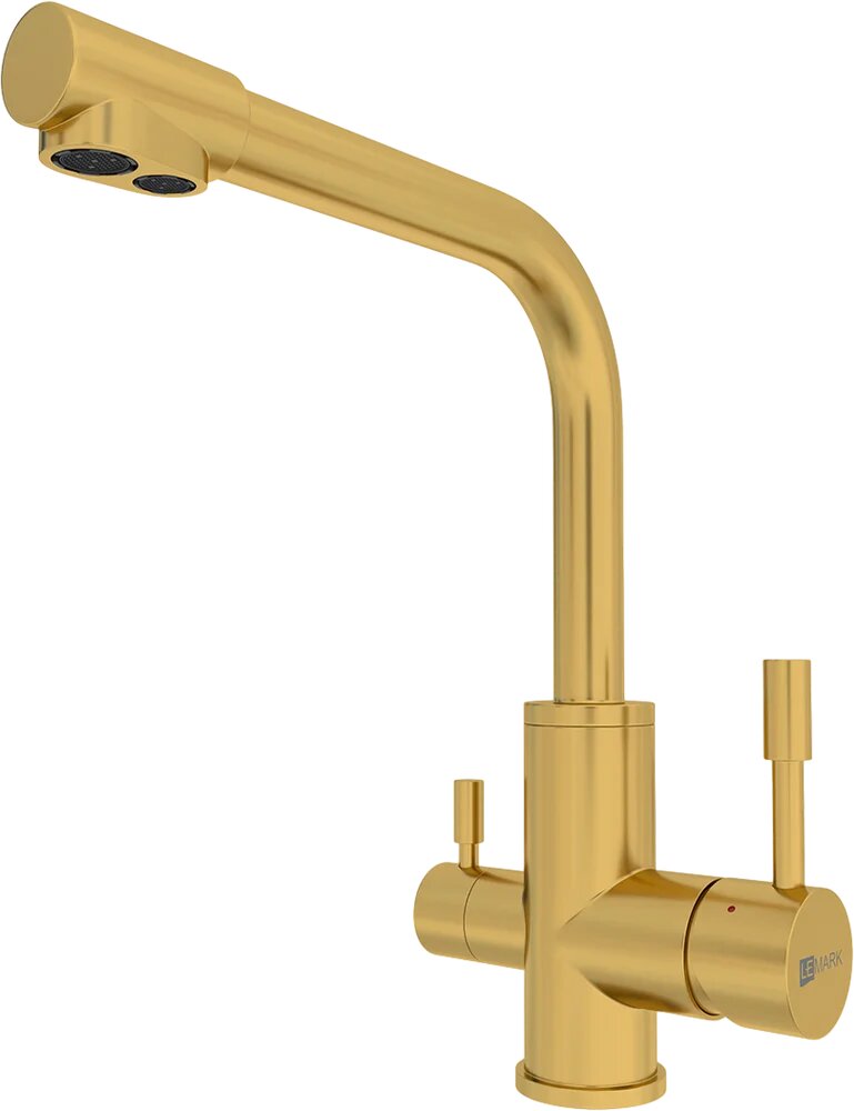 Смеситель для кухни Lemark Expert LM5061G с краном для питьевой воды, с поворотным изливом, золотой, глянцевый, однорычажный, нержавеющая сталь, с керамическим картриджем