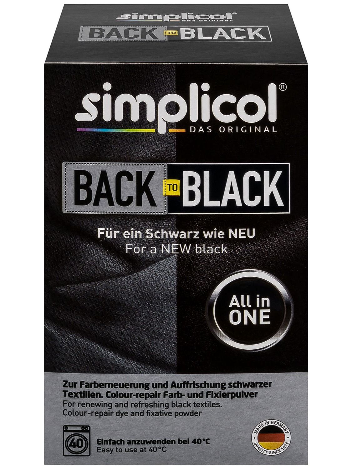 Simplicol краска текстильная Back To Black черная (400 г), для восстановления цвета хлопка, джинсов, вискозы, льна, смесовых тканей, BACK TO BLACK