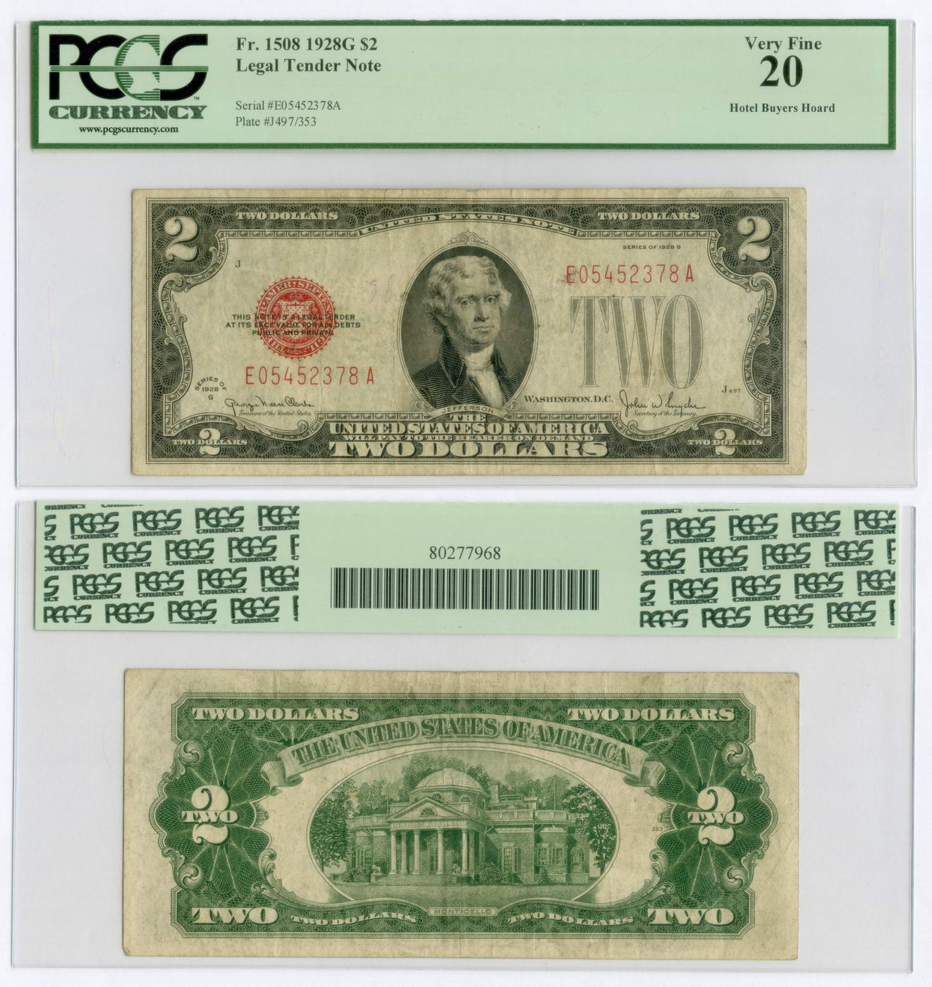 Банкнота США 2 доллара 1928G E05452378A. В слабе PCGS VF20