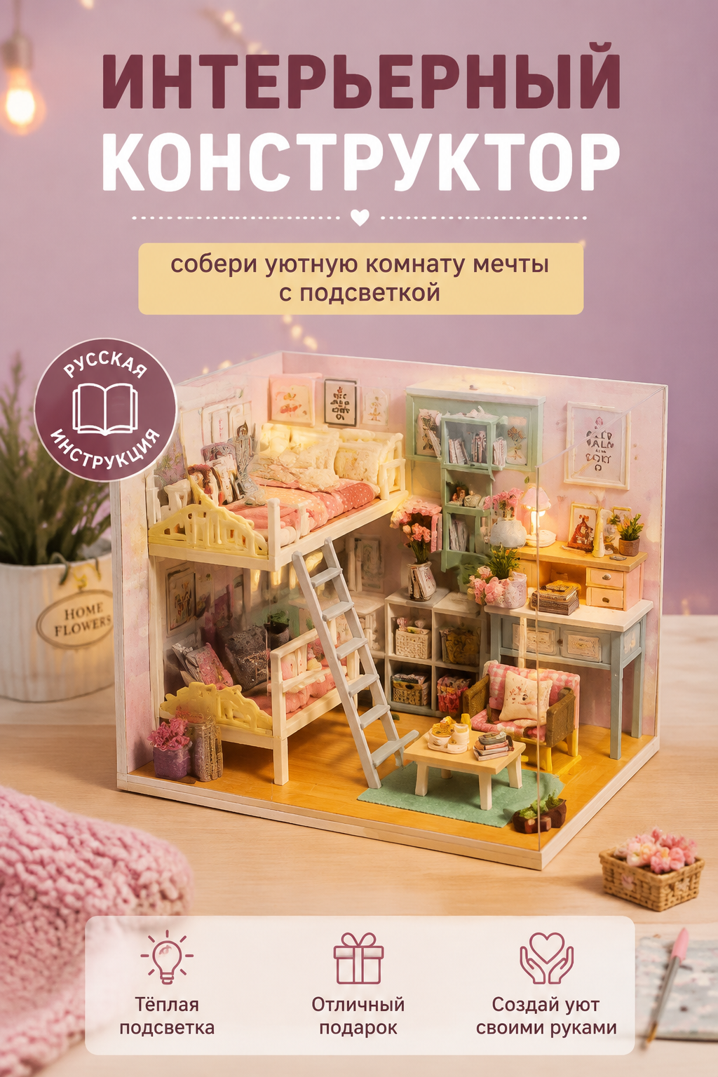 Интерьерный конструктор для сборки комнаты с подсветкой, русская инструкция