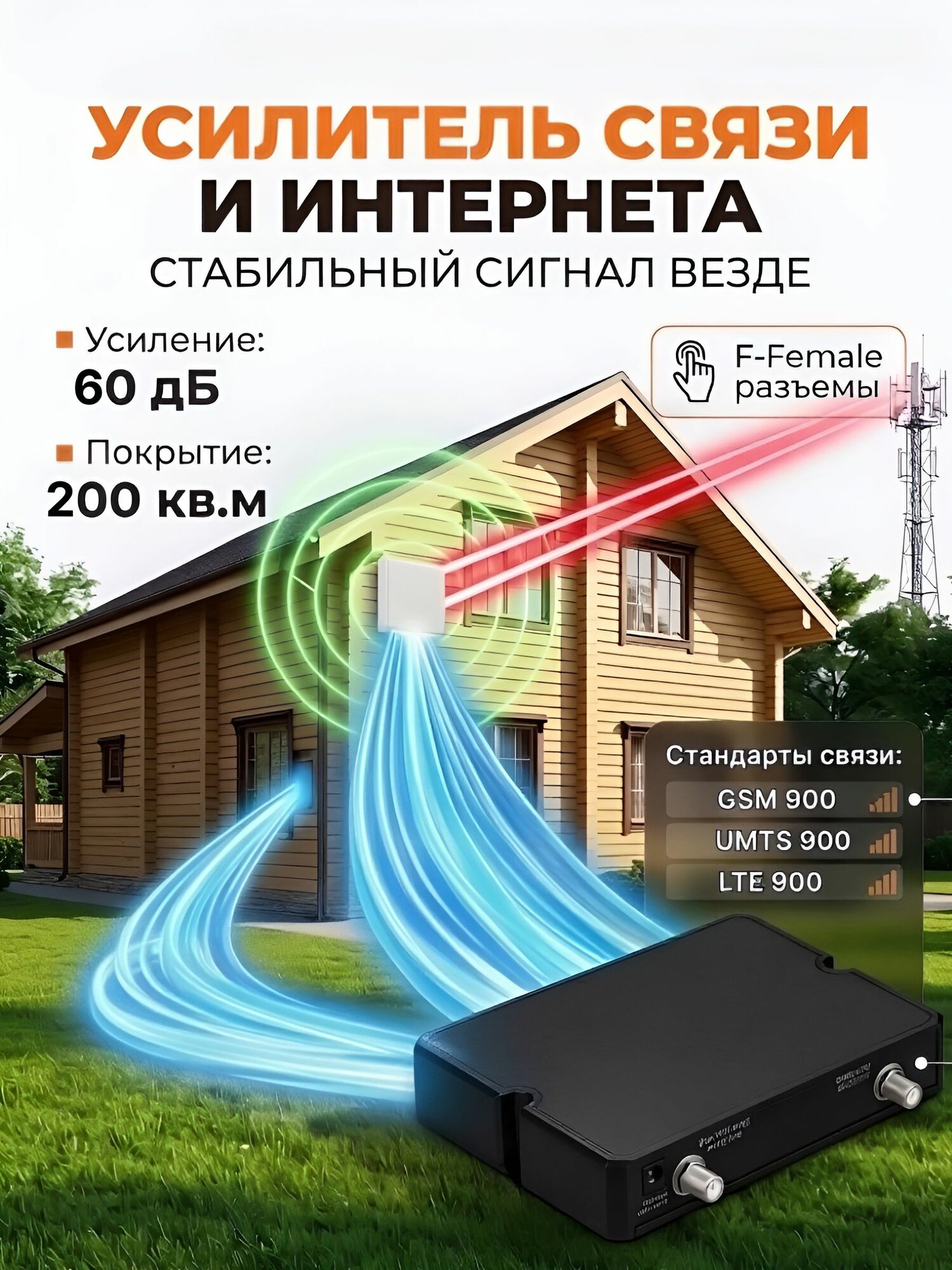 Усилитель сотовой связи GSM900 (2G) и мобильного интернета UMTS900 (3G)/LTE900 (4G) 60 дБ, KROKS RK900-60 с регулировкой усиления, KROKS RK900-60 (F-female)