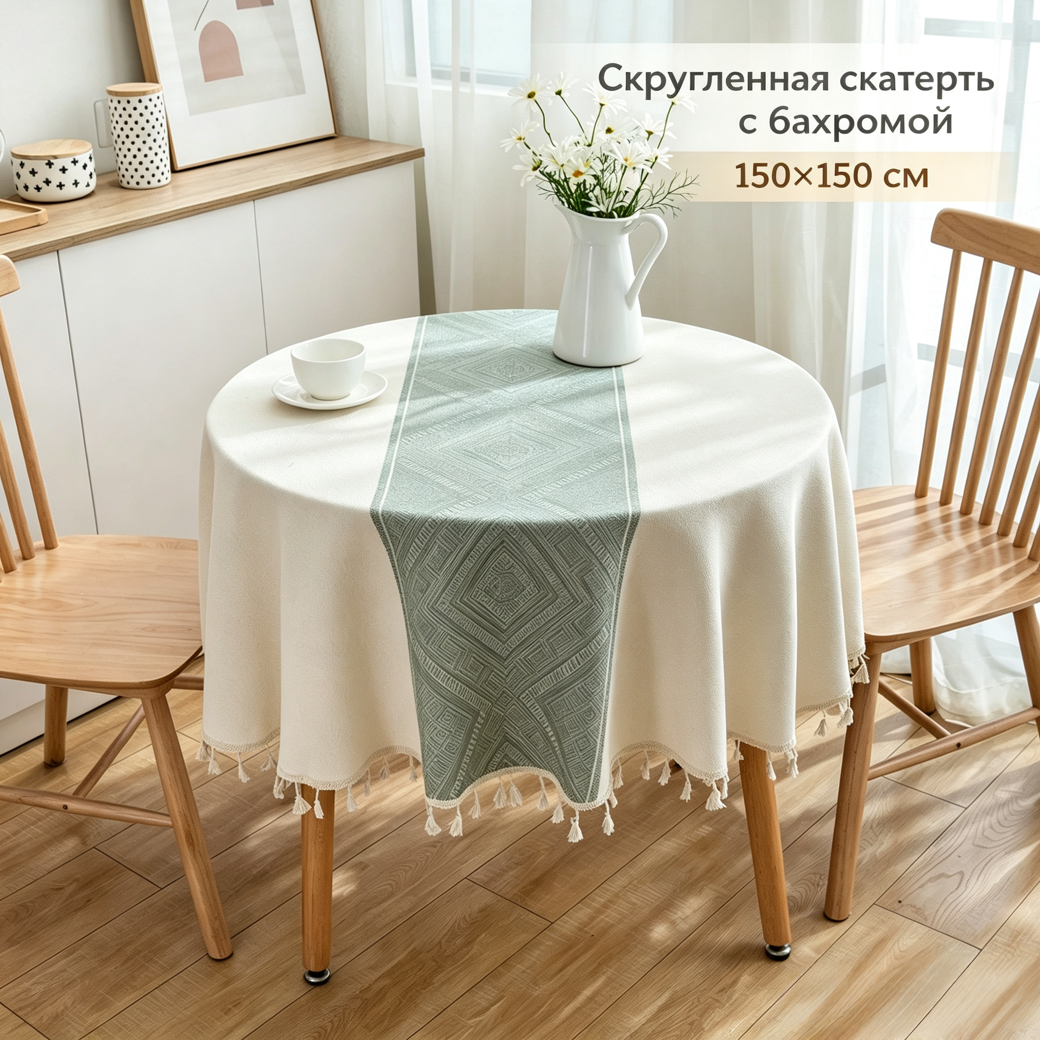 Круглая скатерть с бахромой 150×150 см, стильная скатерть для обеденного стола