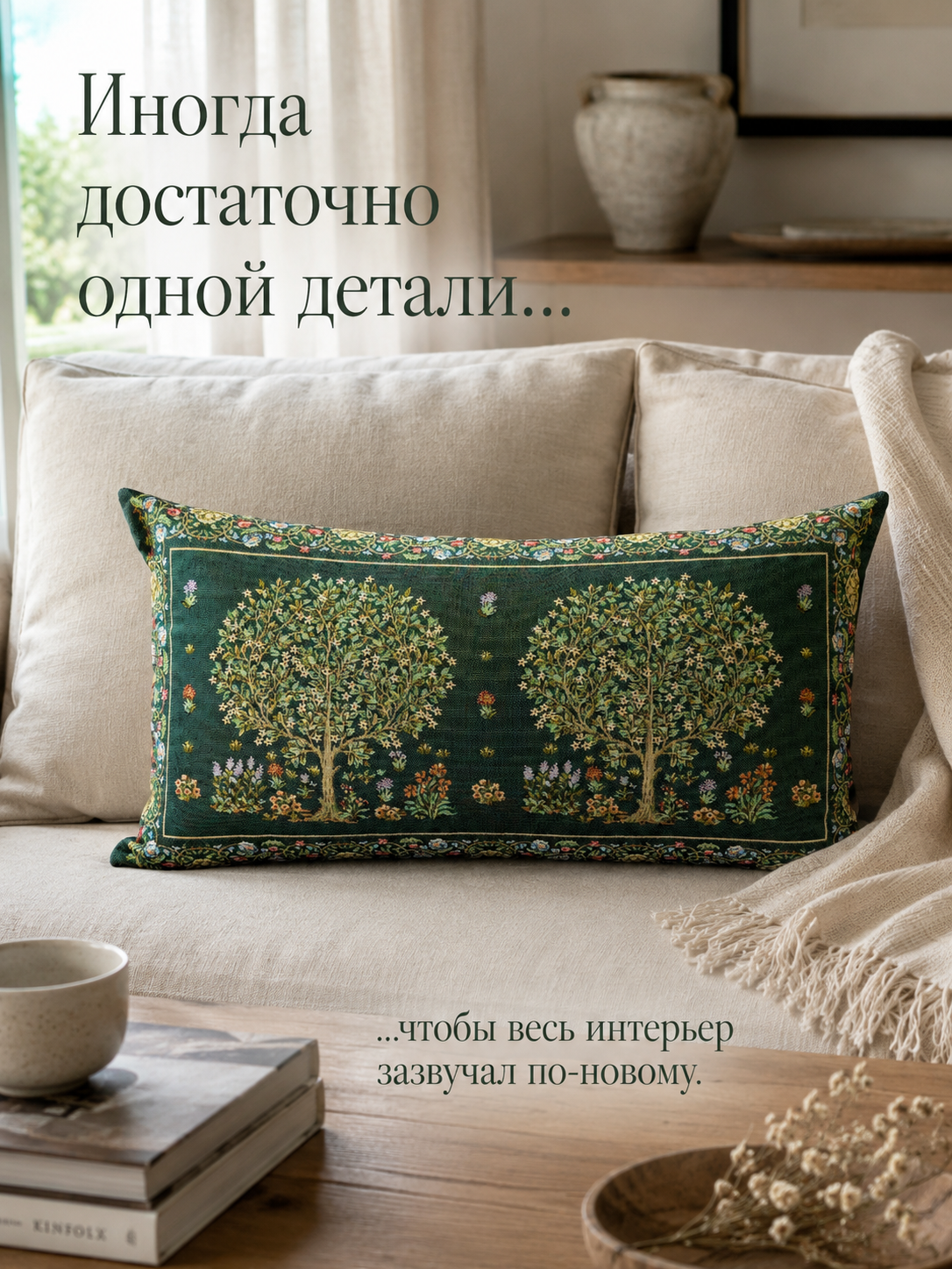Наволочка гобеленовая Le Gobelin Древо бирюза 40х70 см двусторонняя