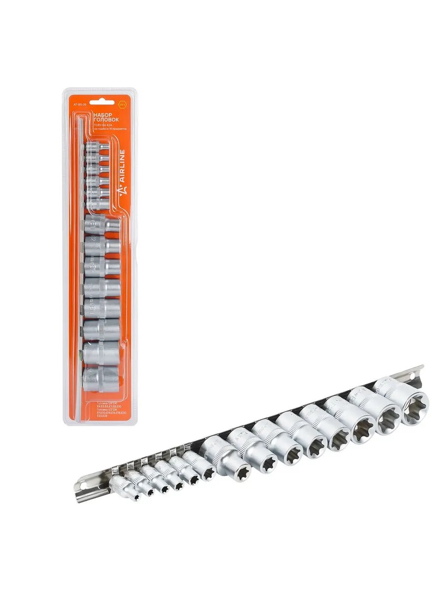 Набор головок Torx 14 пр. 1/4" E4-E10 1/2" E11-E24 на планке, арт. ATBS35