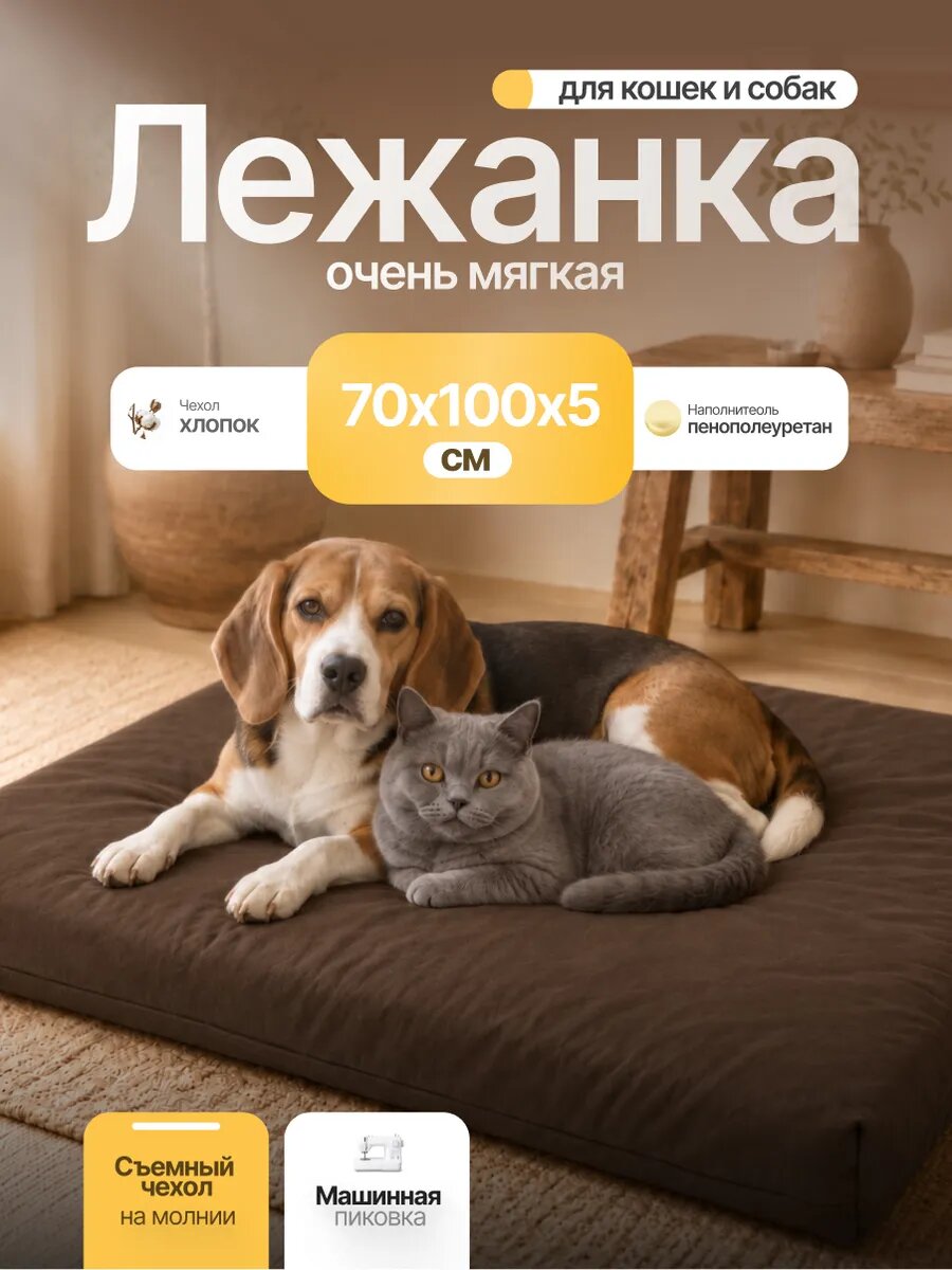 Лежанка из поролона для собак крупных и средних пород и кошек с съемным чехлом на молнии BusyTEX 70х100х5см