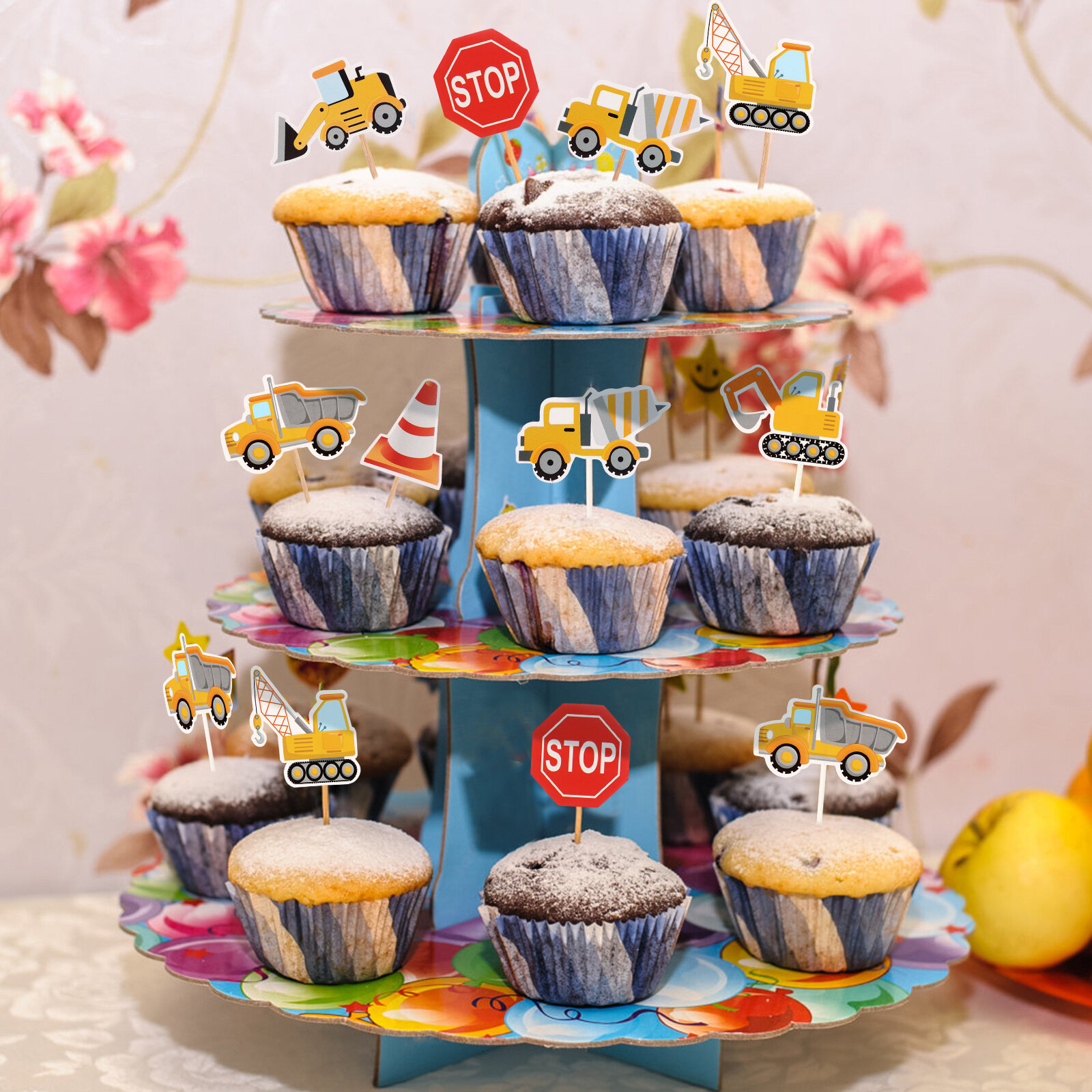 Toyvian 24шт Кексовые Топперы Веселые Экскаваторы Игрушечные Палочки Для Декора Торта Разноцветные