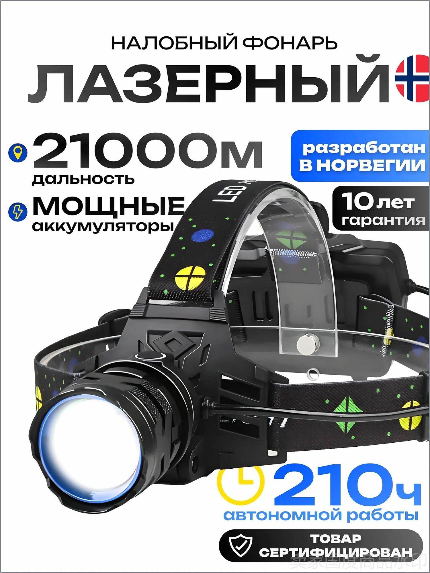 Мощный налобный фонарь LED аккумуляторный, регулировка фокуса, несколько режимов, для рыбалки походов и работы