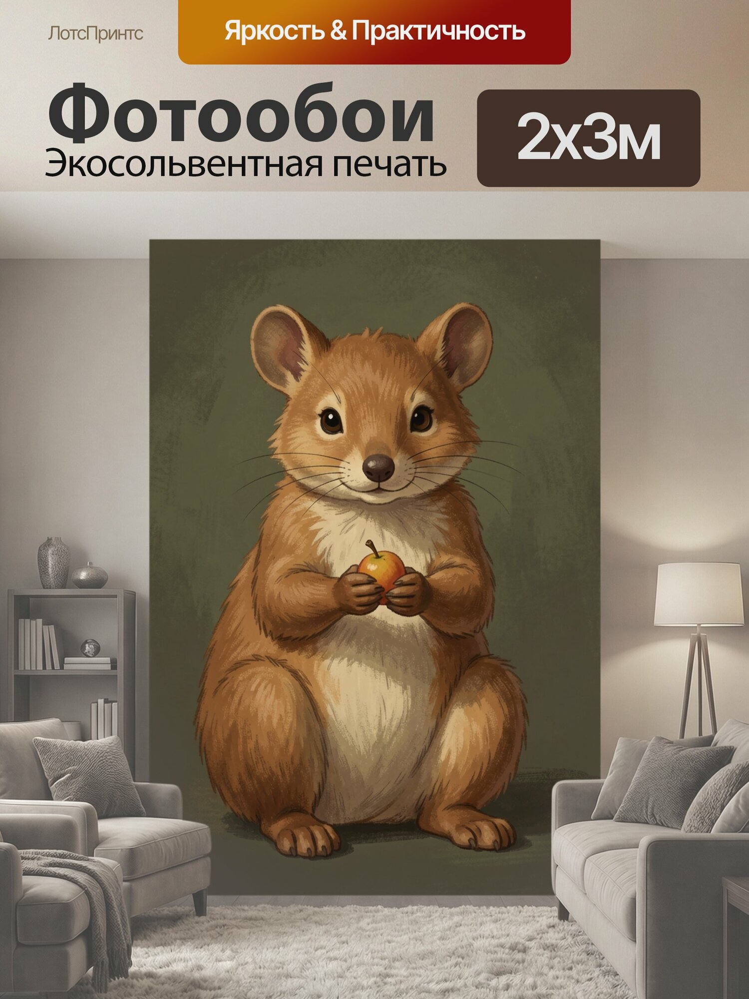 Фотообои "Мышонок с яблоком. Милый грызун с большими ушами держит спелый фрукт; тёплая коричнево-золотистая палитра, уютная детская." 200x300 см. экосольвентная печать