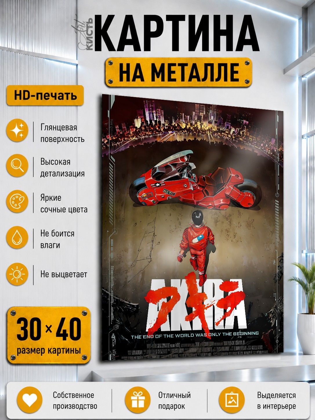 Картина на металле интерьерная на стену 30х40 Аниме Акира