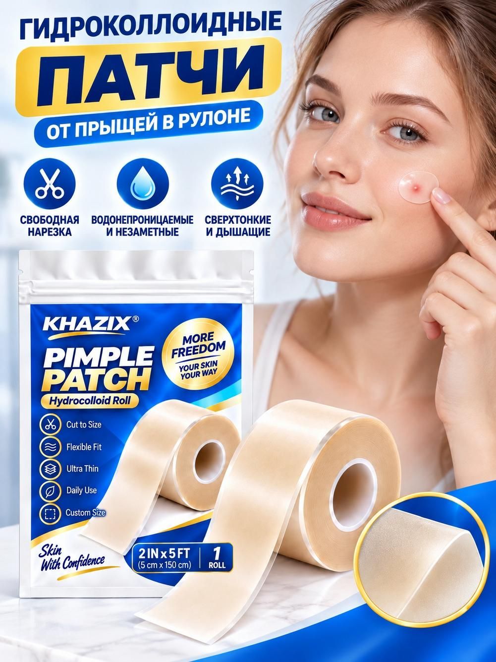 KHAZIX Патчи гидроколлоидные самоклеящиеся для лица, 5 см x 150 см, 1 рулон