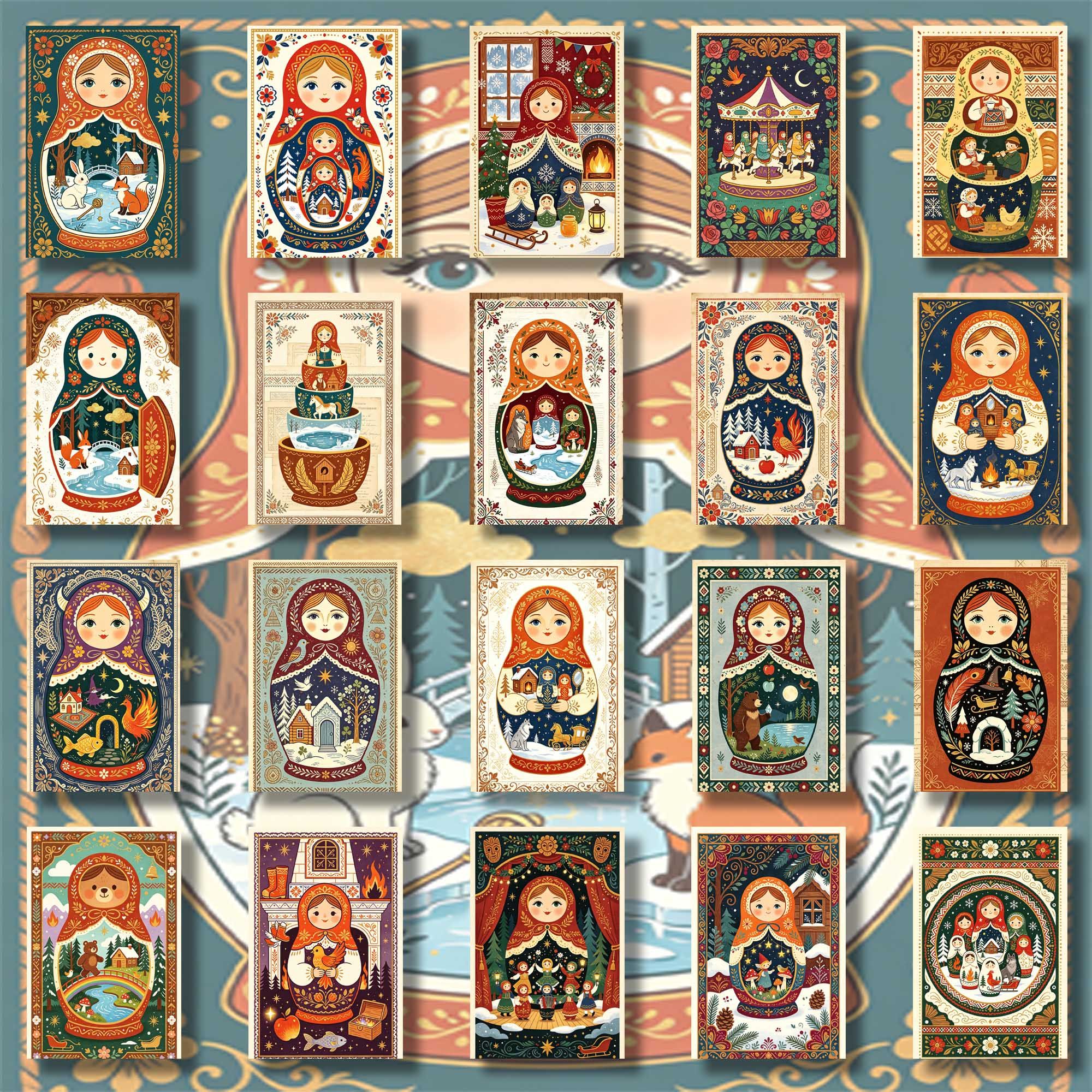 20 открыток с русскими матрешками