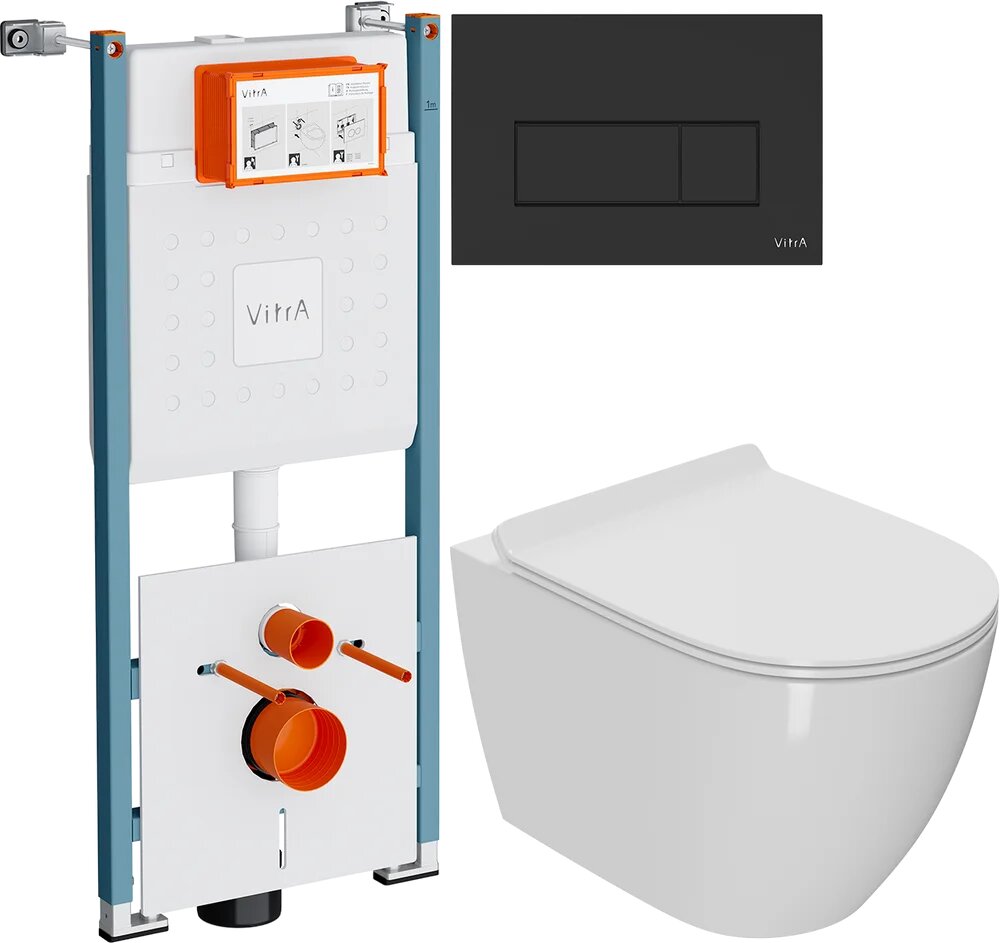 Комплект 3 в 1 Унитаз подвесной Bauedge Bau Dream / Инсталляция VitrA Ви-Фикс Кор (V-Fix Core) 732-5800-01PV / Кнопка Рут Скуэр (Root Square) 740-2311 цвет матовый черный