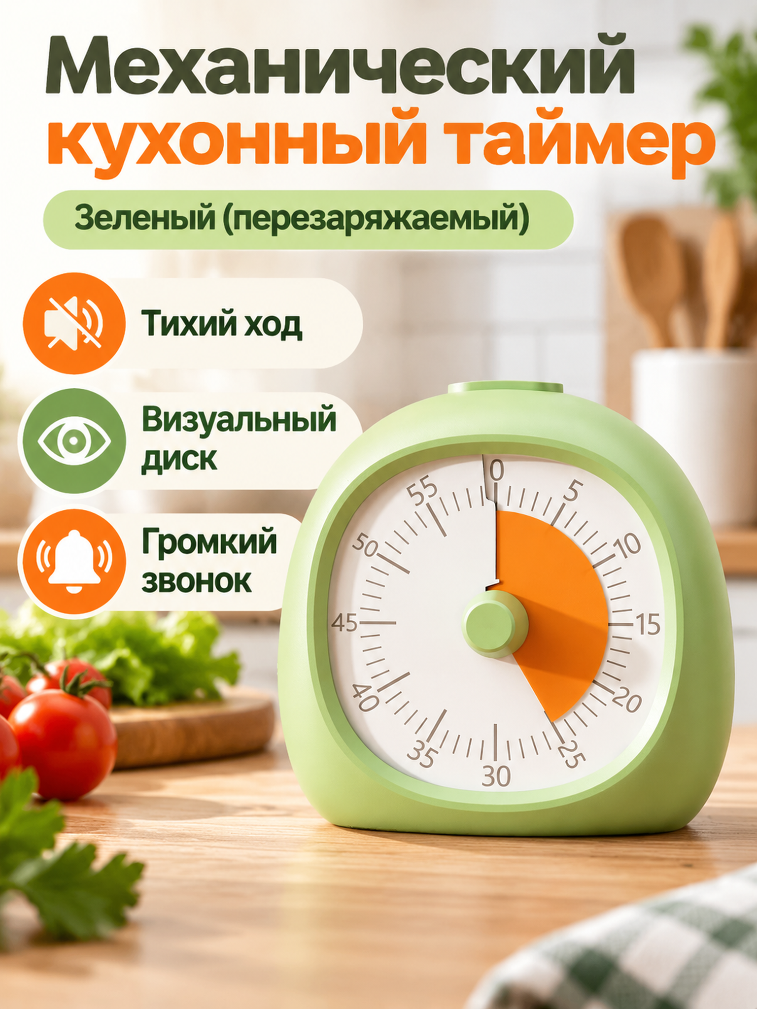 Таймер механический настольный круглый с визуальным отсчетом времени, зеленый, аккумуляторная версия