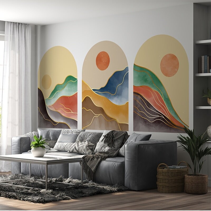 Настенные наклейки арочной формы, комплект из 3 листов, абстрактный пейзаж в стиле бохо, для стен внутри и снаружи помещений, модель UV80016T_R