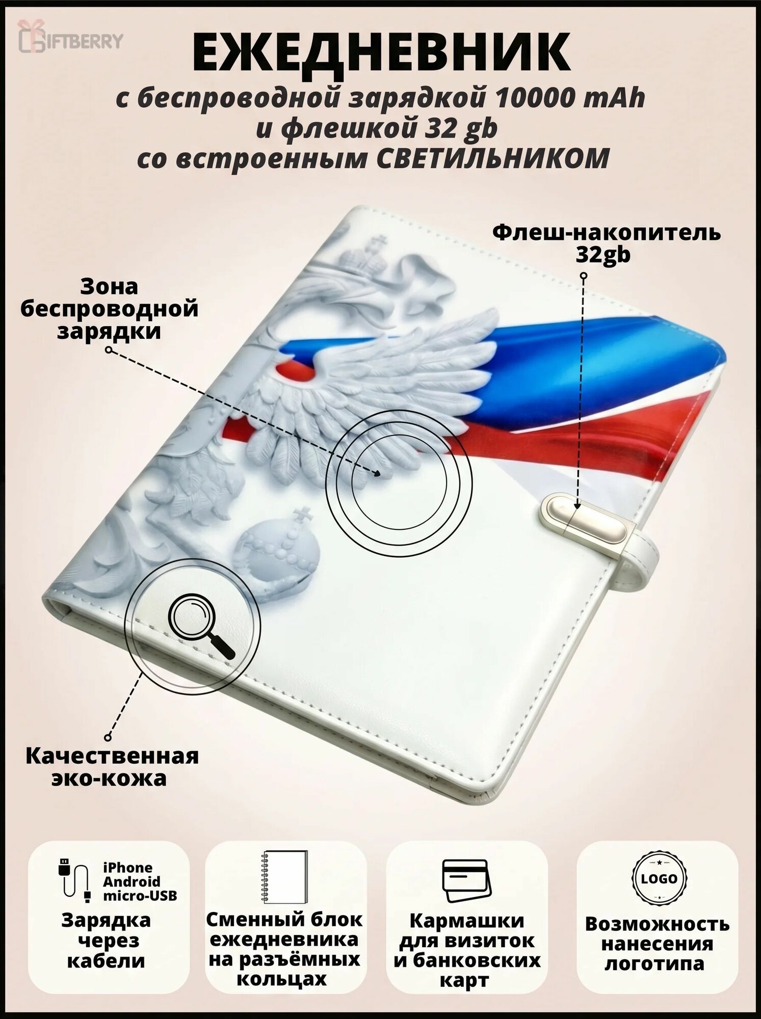 Ежедневник с беспроводной зарядкой 10000 mAh, флэшкой 32 Gb авторский принт герб