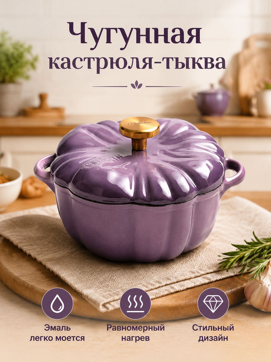 Чугунная кастрюля-тыква с эмалевым покрытием, 20 см, фиолетовая с золотой ручкой, для супа и тушения