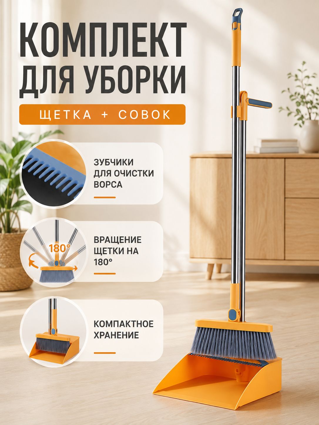 Набор для уборки веник и совок с длинными ручками, щетка 180, самоочистка ворса