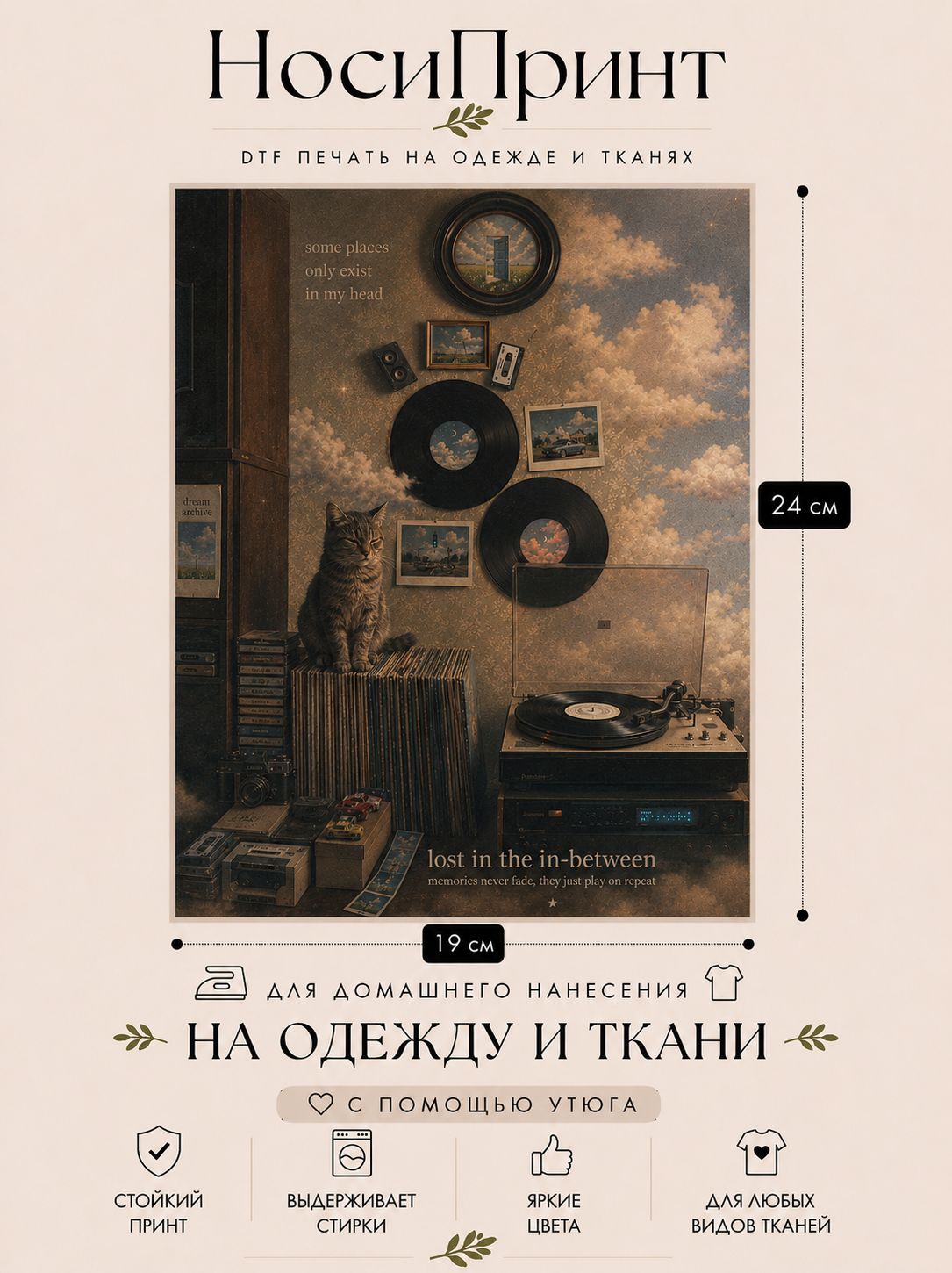 Термонаклейка для одежды / Термотрансфер 24х19 Кот и пластинки НосиПринт Dreamcore