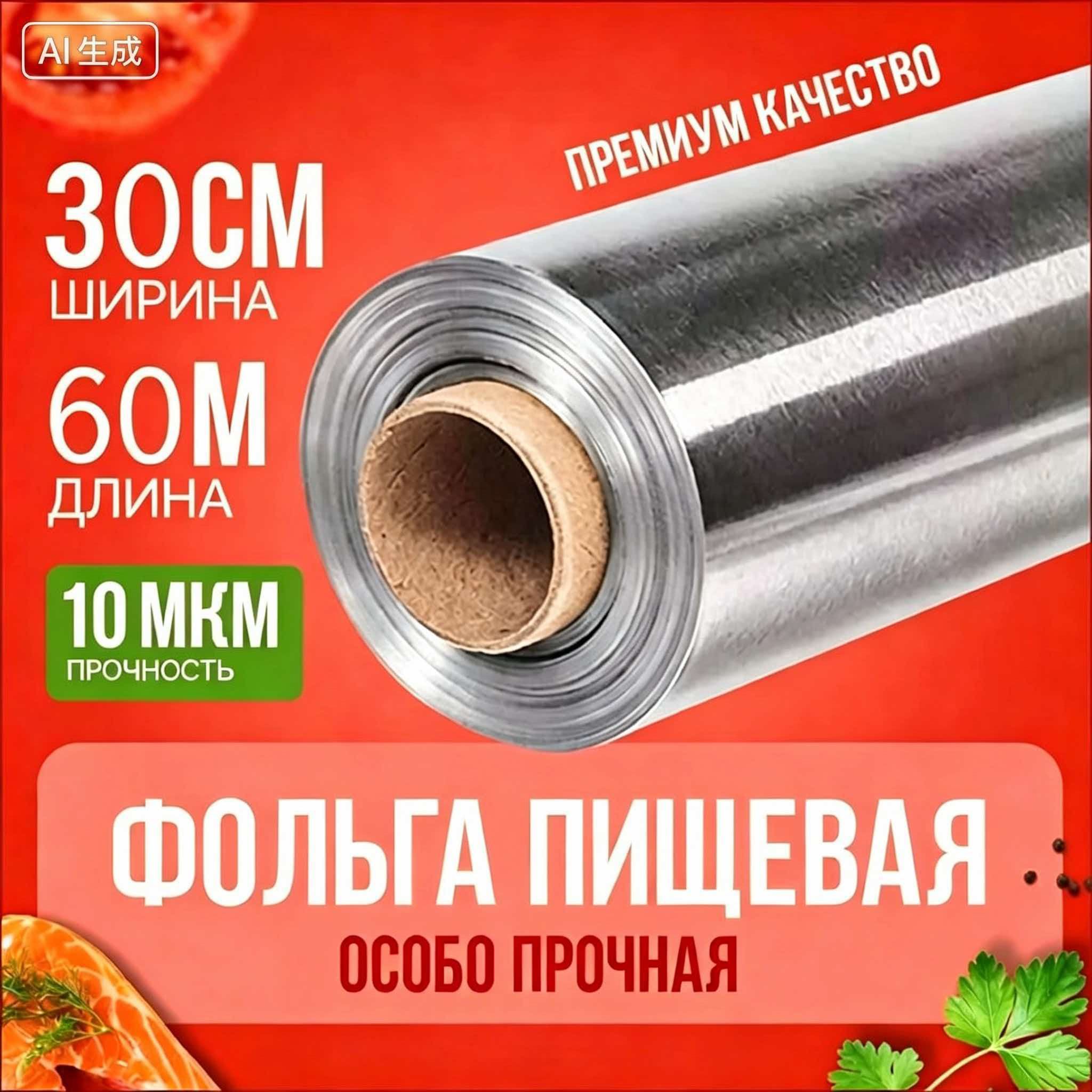 Фольга пищевая 60 м х 30 см, 10 мкм, 1 шт