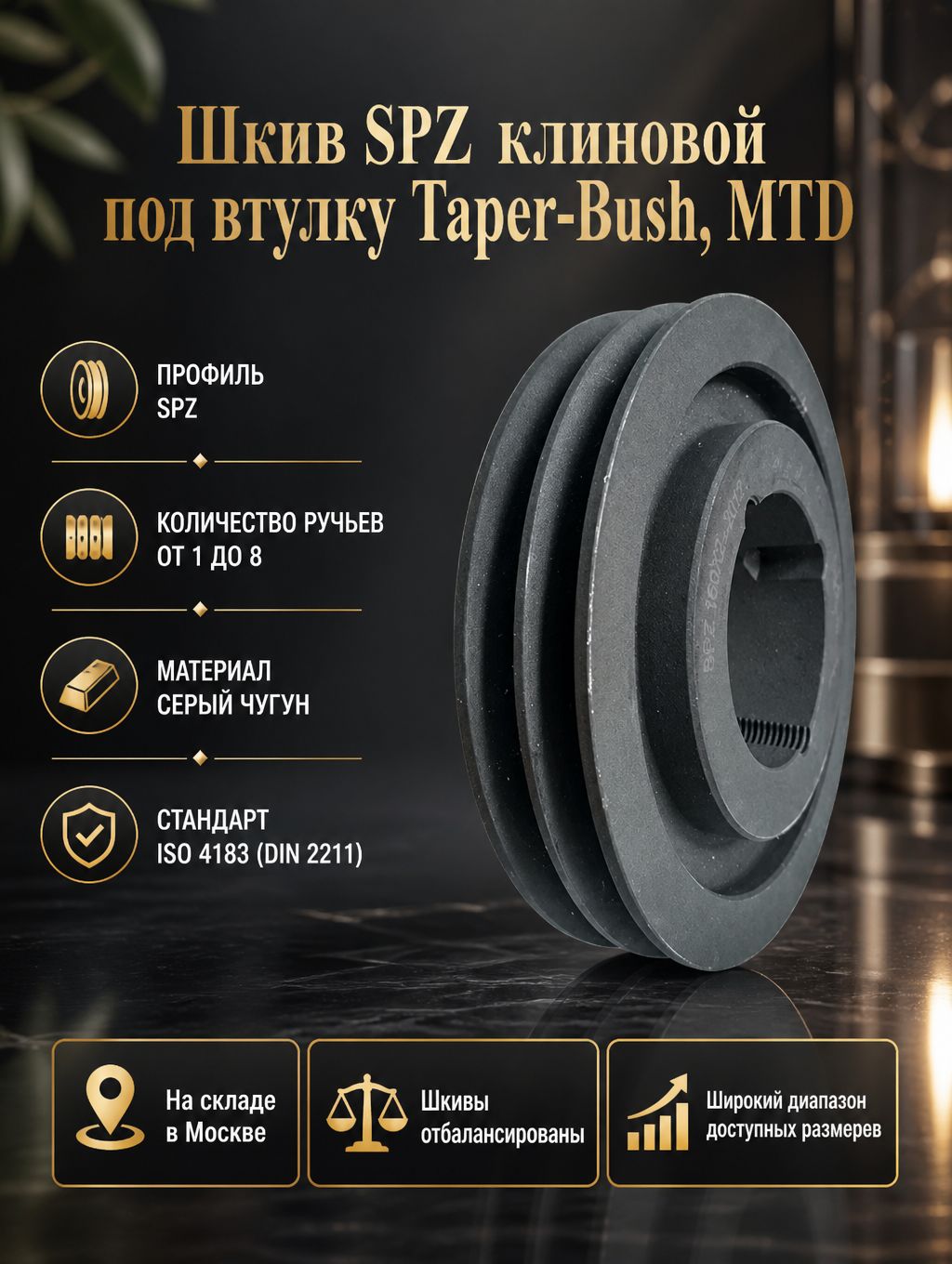 Шкив SPZ 50/2 MTD клиновой под втулку Taper-Bush MTD