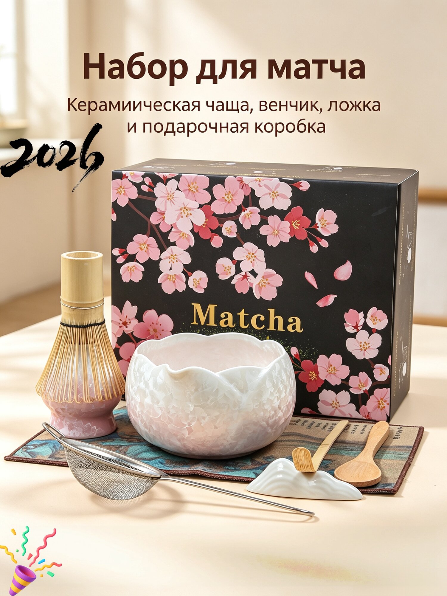 Набор чашек для матча，сакура，керамика，Розовый глазированный серебряный лист-матча, набор из 8 предметов
