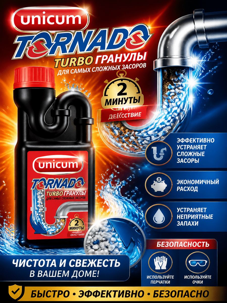 Средство для удаления засоров Unicum Торнадо гранулированное, 600г