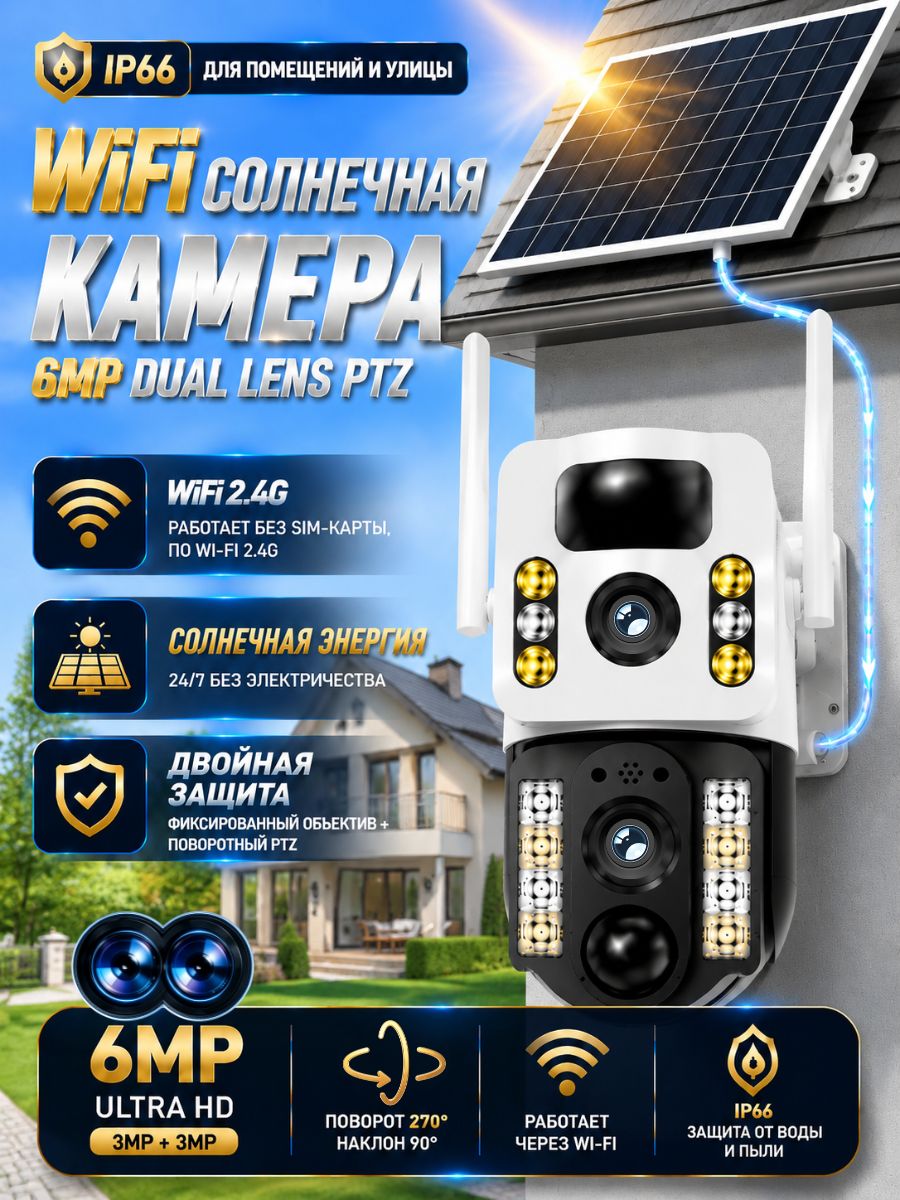 Уличная Wi-Fi камера видеонаблюдения с солнечной панелью, два объектива с двойным экраном, PTZ управление, обнаружение человека, ночное видение, двусторонняя связь, IP66, V380 Pro для дома и дачи