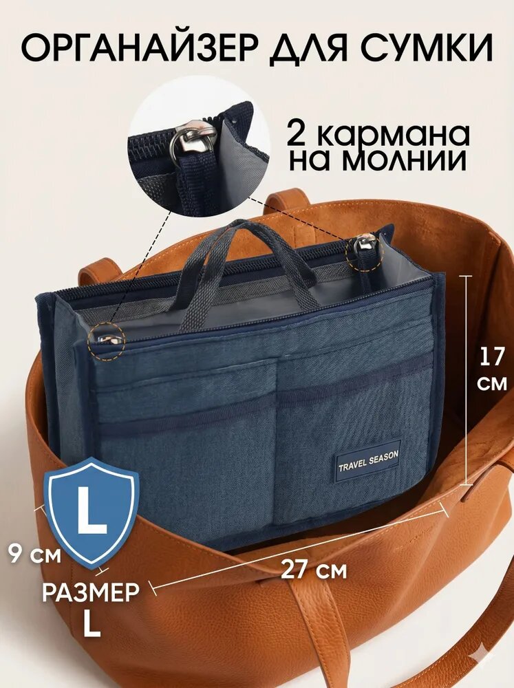 Органайзер для сумки, размер L, 27x17x9 см, темно-синий, оксфорд, с ручками и карманами на молнии