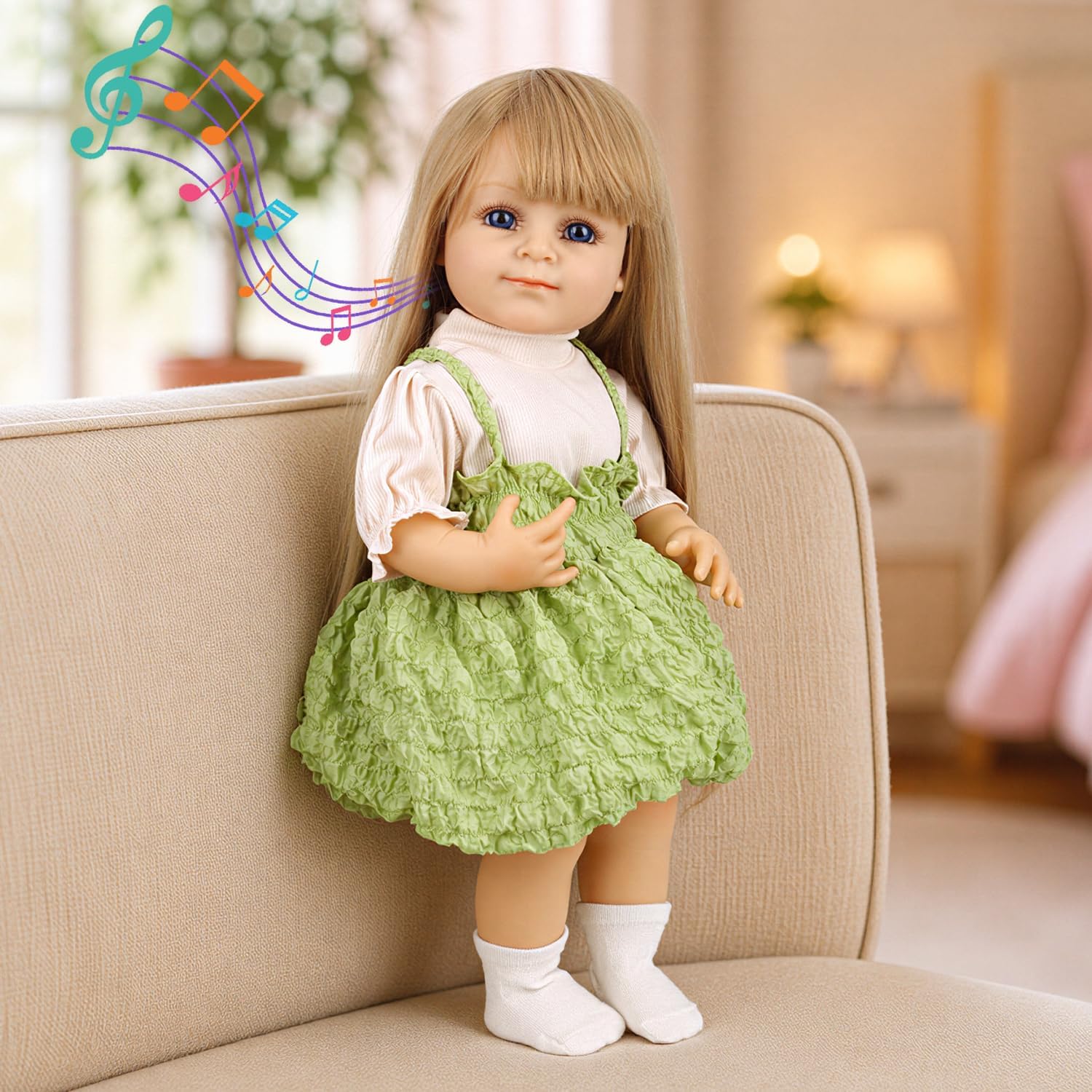 Muñeca Bebé Reborn 22in Interactiva, Cabello Rubio | Habla con Canciones e Historias, 4 Modos de Sonido, Cabello Peinable, Incluye Ropa y Accesorios, Para Niños 3+