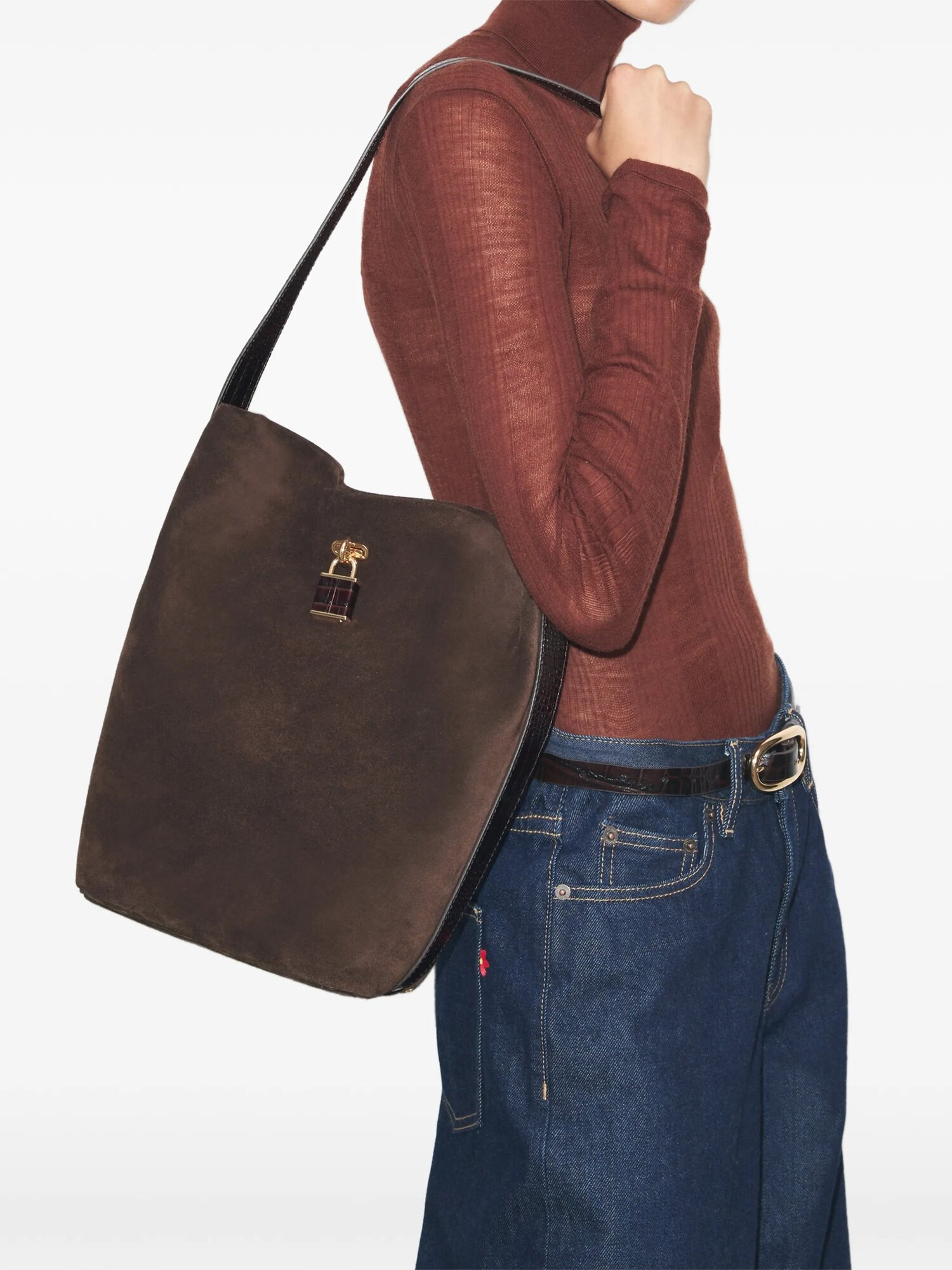 Сумка Tory Burch Lock suede slim bucket bag, brown — фото 1