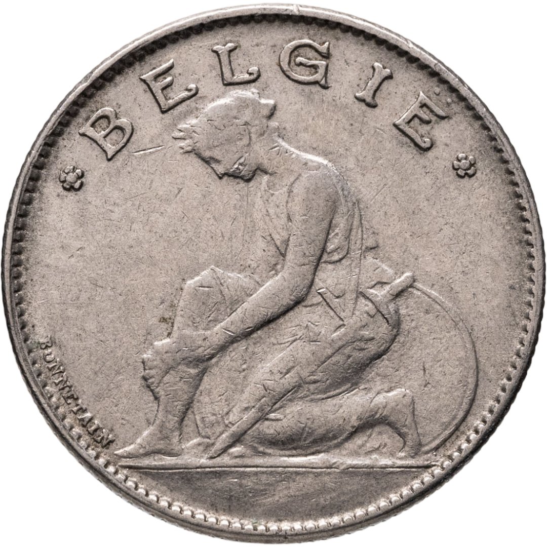 Бельгия 1 франк 1922 Надпись на голландском - 'BELGIË', Никель, в сохранности VF-XF