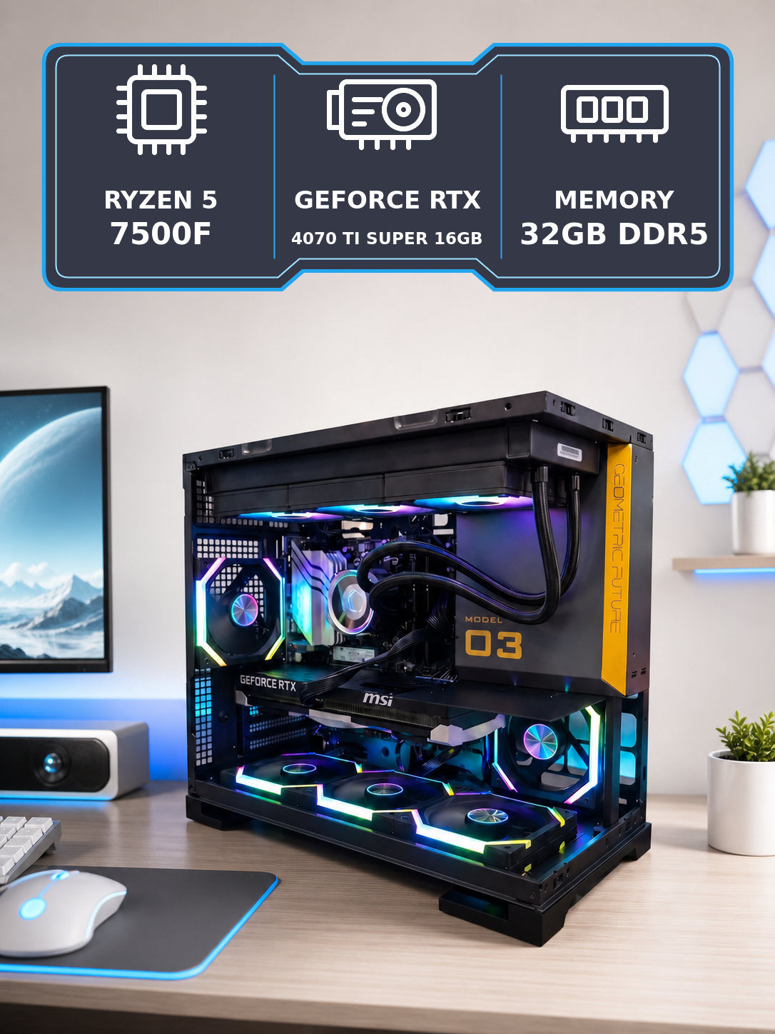 RTX4070Ti SUPER 16Gb Мощный игровой компьютер RYZEN 7500F / DDR5 32GB/ SSD m.2 1ТБ/800W/Win 11 PRO