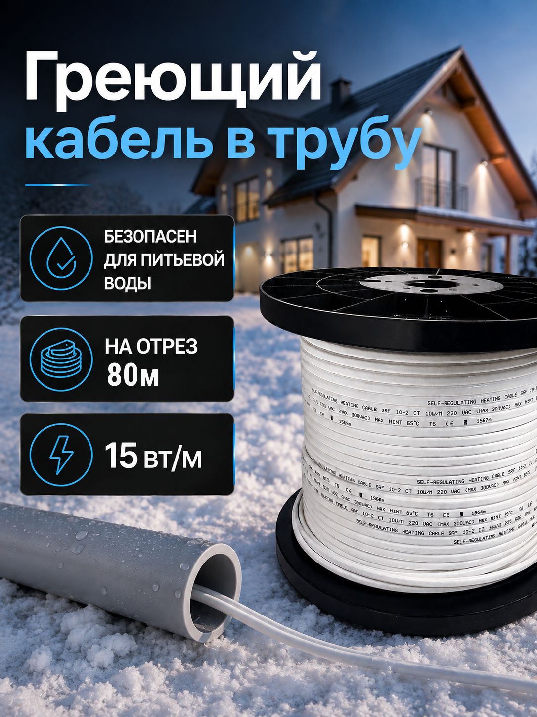 Греющий кабель в трубу водопровода саморегулирующийся 80м - 15 вт/м